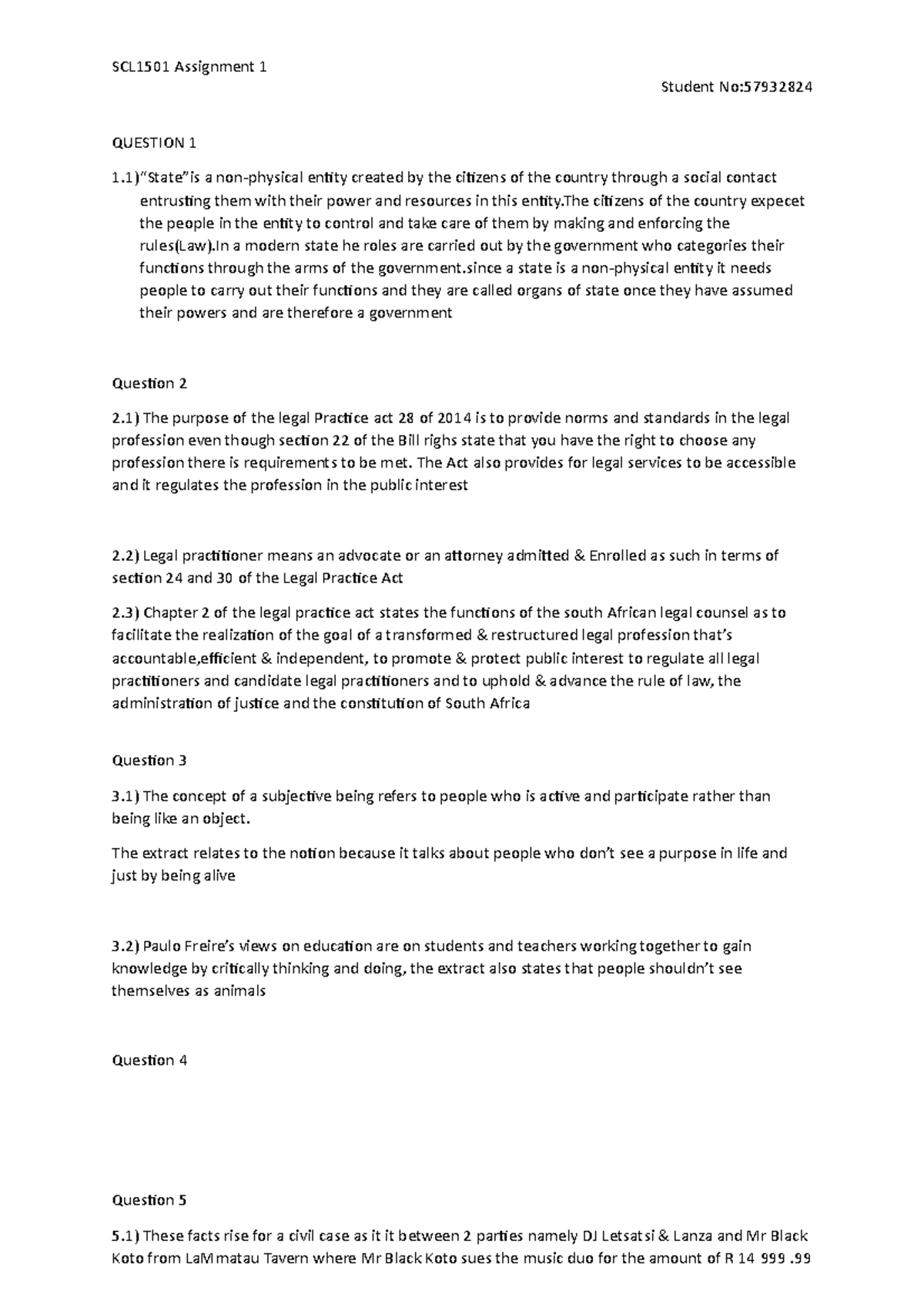 SCL1501 Assignment 1 DONE SCL1501 Assignment 1 Student No QUESTION 1