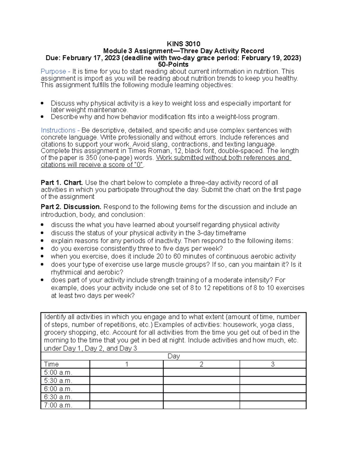 Module 3 Assignment 7-Week Format - KINS 3010 Module 3 Assignment—Three ...