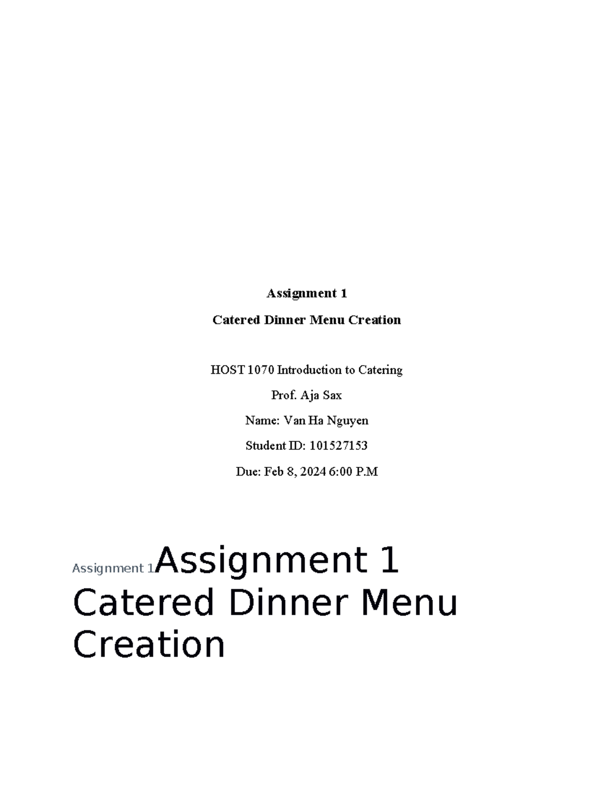 Menu Catering - Menu - Assignment 1 Catered Dinner Menu Creation HOST 1070 Introduction to ...
