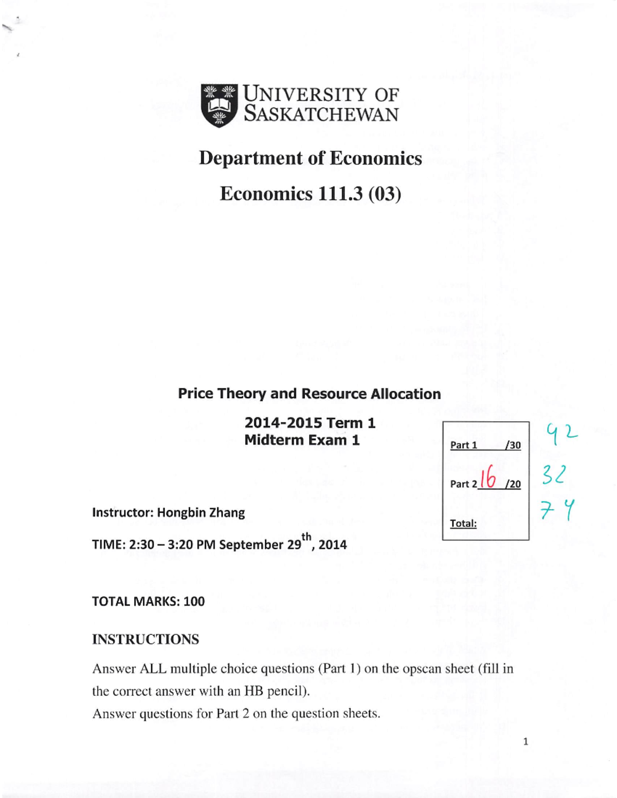 Zhang M1 2014 ECON111 - ECON 111 - Studocu