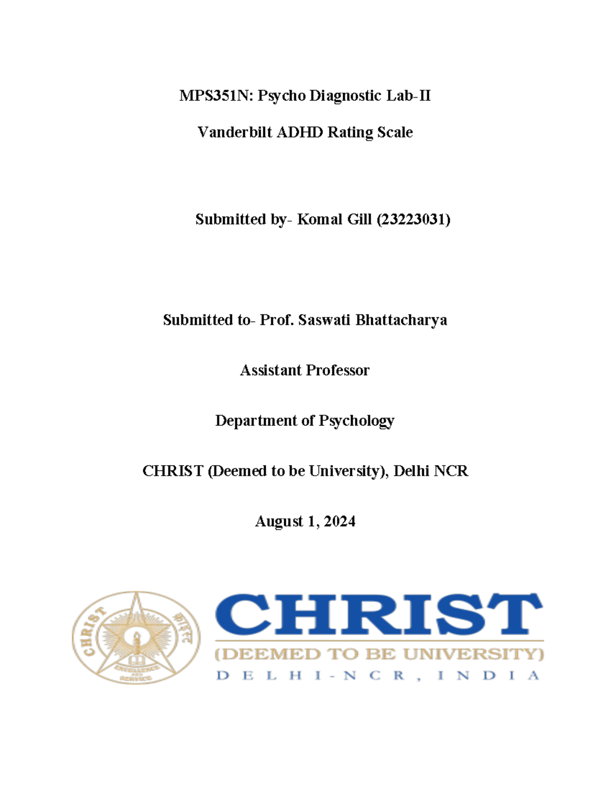 MPS351N - Vanderbilt adhd - MPS351N: Psycho Diagnostic Lab-II ...