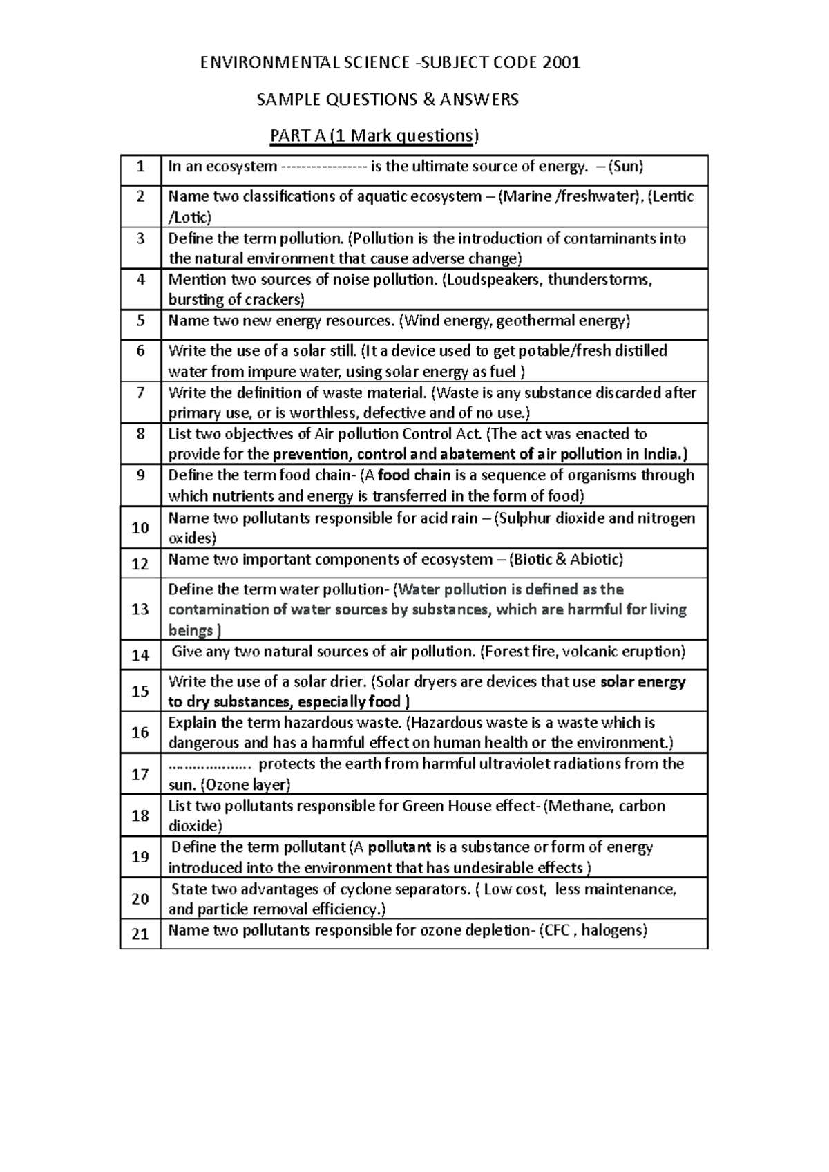 Environmental Science Sample Questions - ENVIRONMENTAL SCIENCE ...