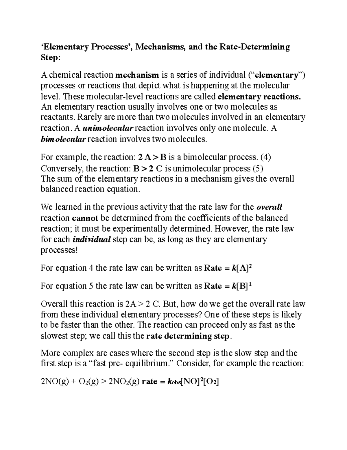 Rate laws - Rate Laws General Chemistry - ‘Elementary Processes ...