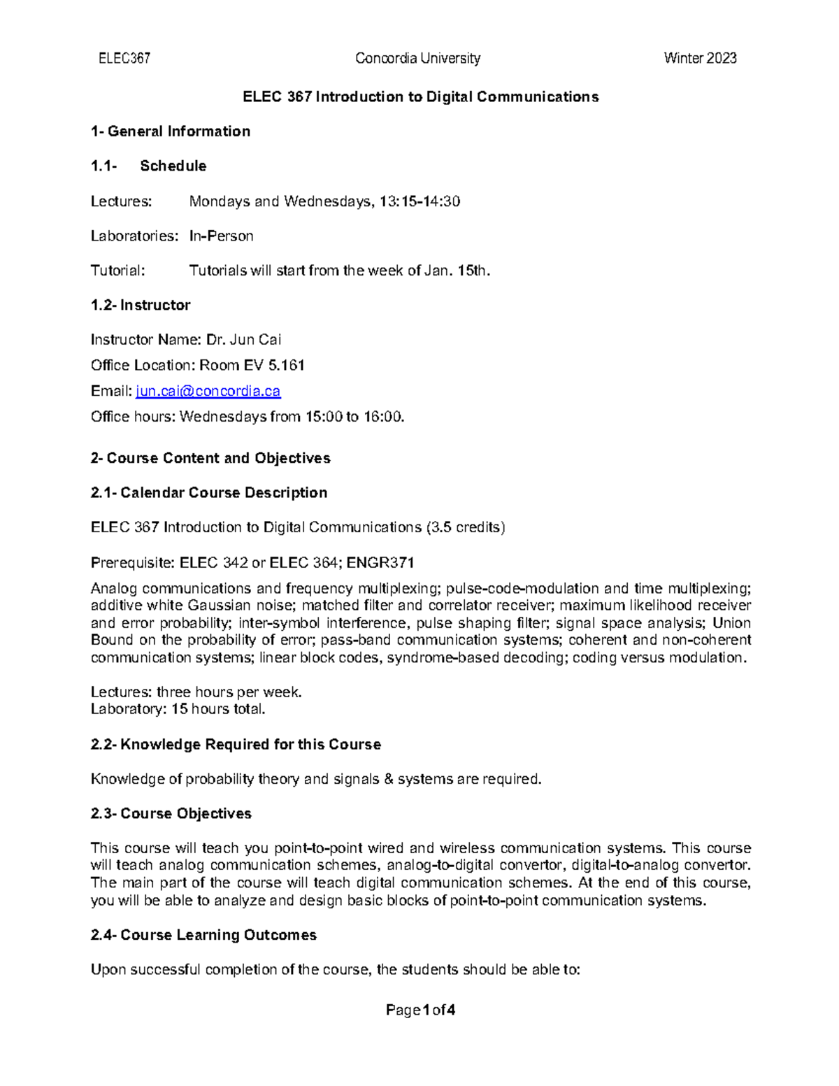 ELEC367 outline Winter 2023 - ELEC 367 Introduction to Digital Communications 1 - General - Studocu