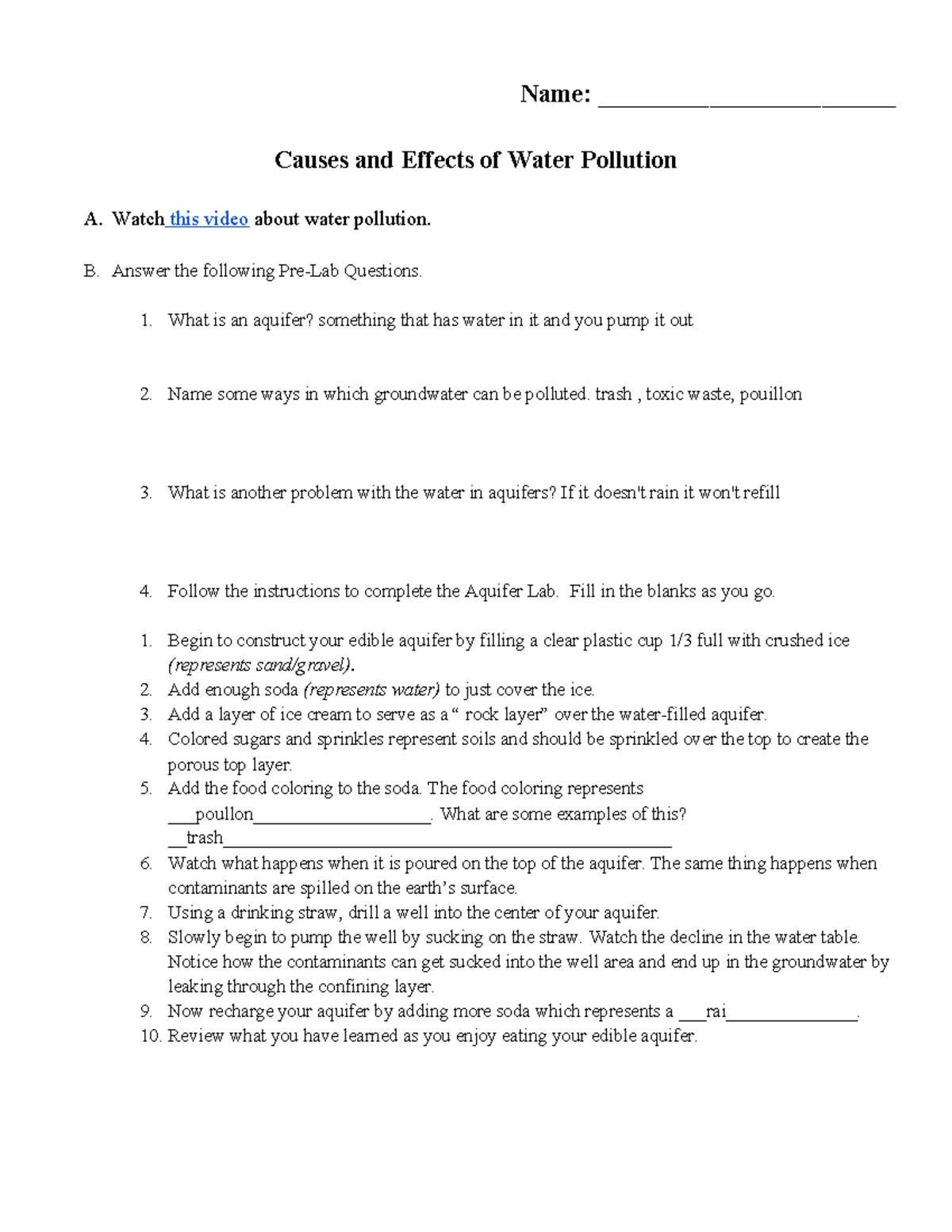 Causes and Effects of Water Pollution with Aquifer Lab Student Sheet ...