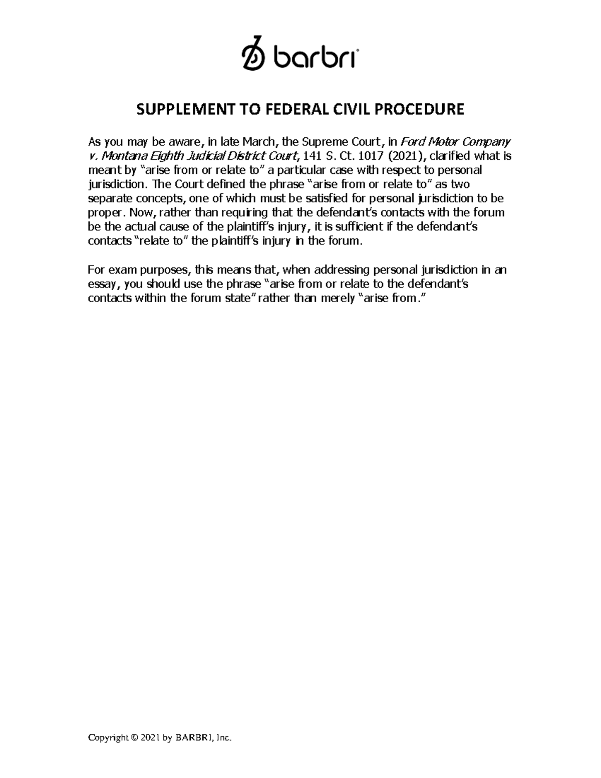 Civil Procedure I Practice Essay - Copyright © 2021 by BARBRI, Inc ...