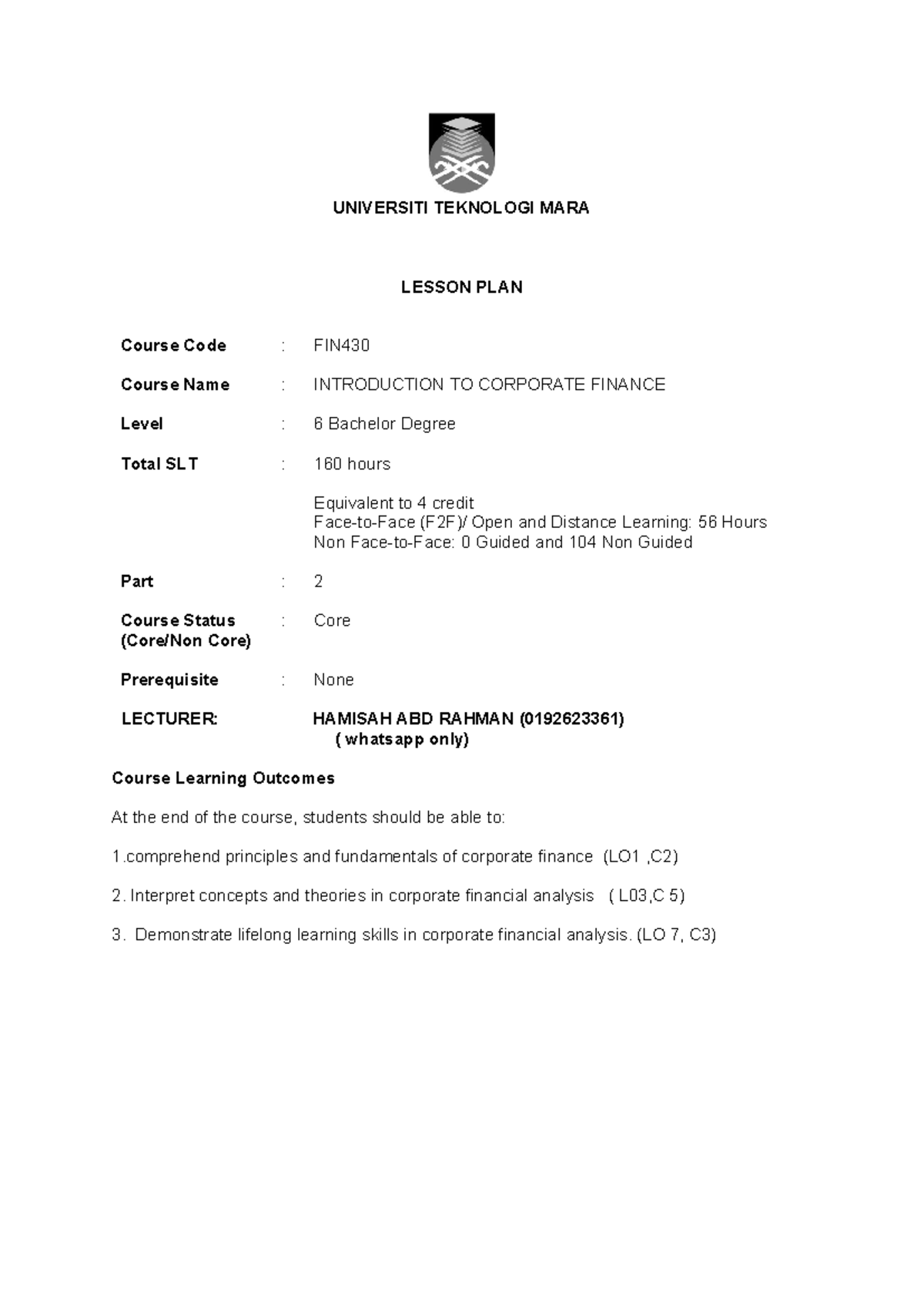 Lessonplan FIN430 OCT2021 - UNIVERSITI TEKNOLOGI MARA LESSON PLAN ...