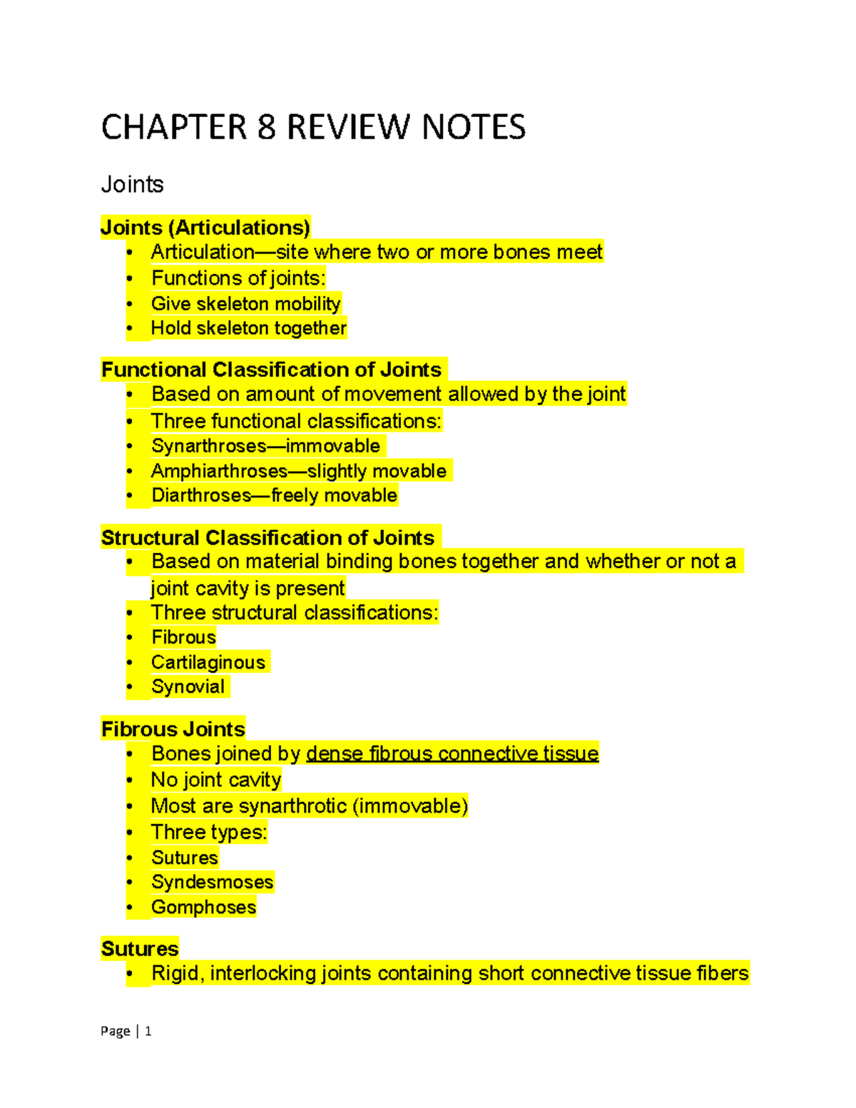 A&P I - Joints Notes - CHAPTER 8 REVIEW NOTES Joints Joints ...