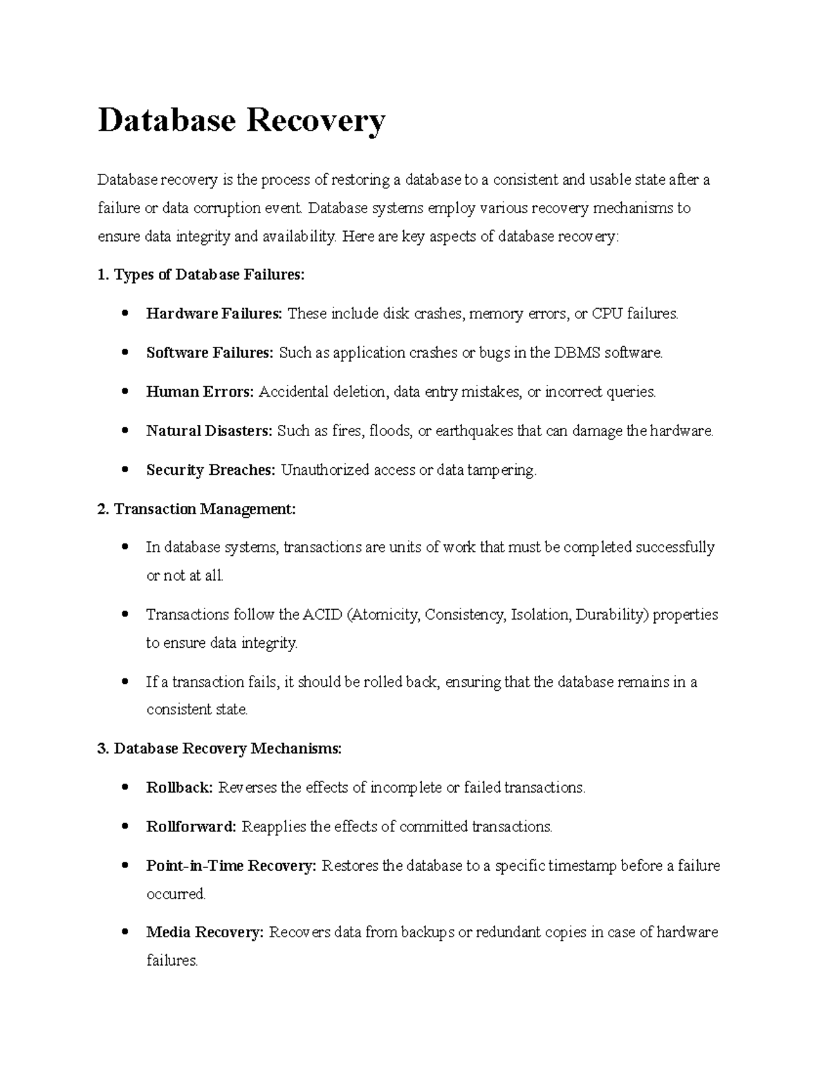 Database Recovery - n/a - Database Recovery Database recovery is the ...