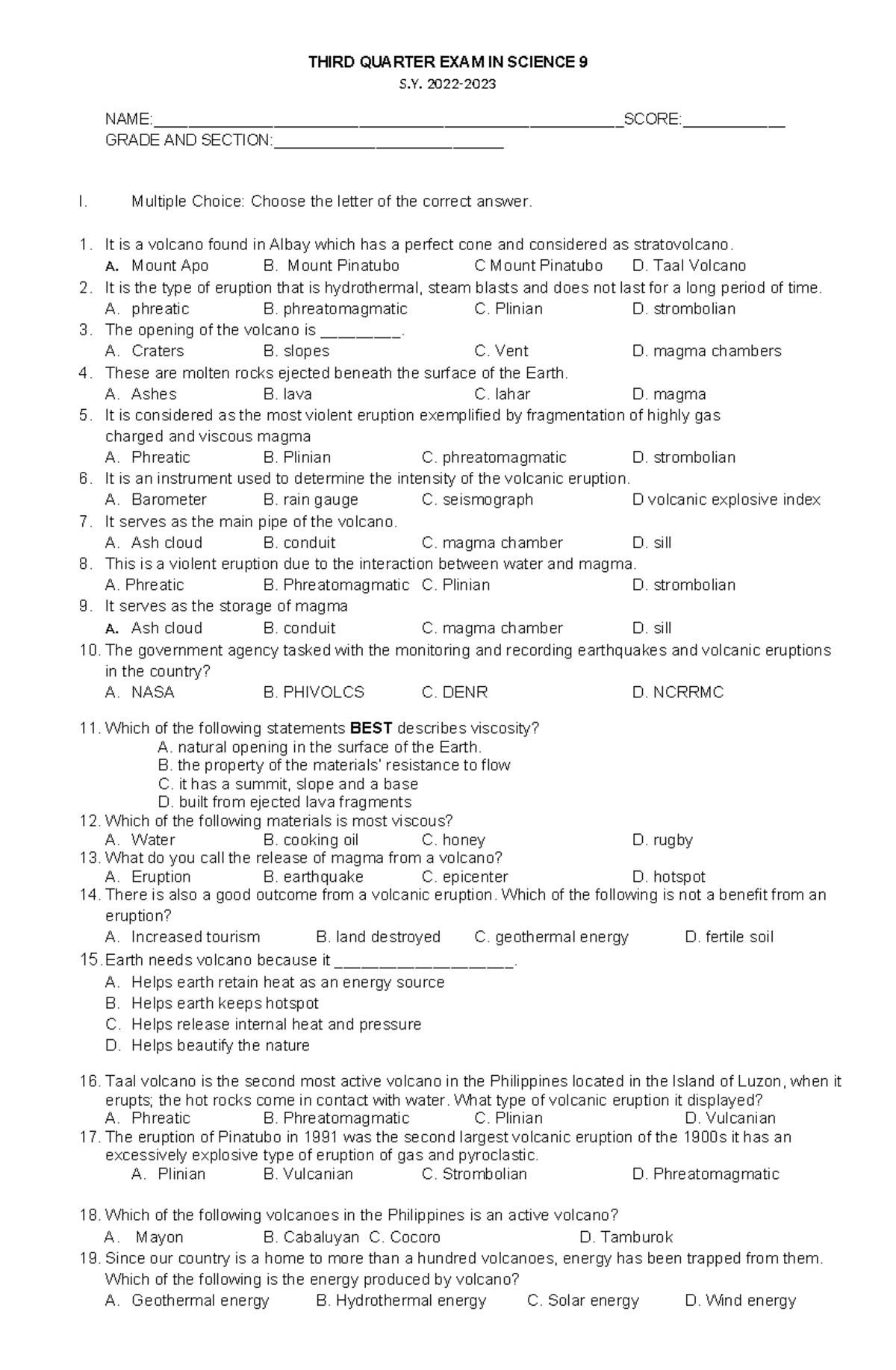 Third Periodic TEST 2023 Science 9 - THIRD QUARTER EXAM IN SCIENCE 9 S ...