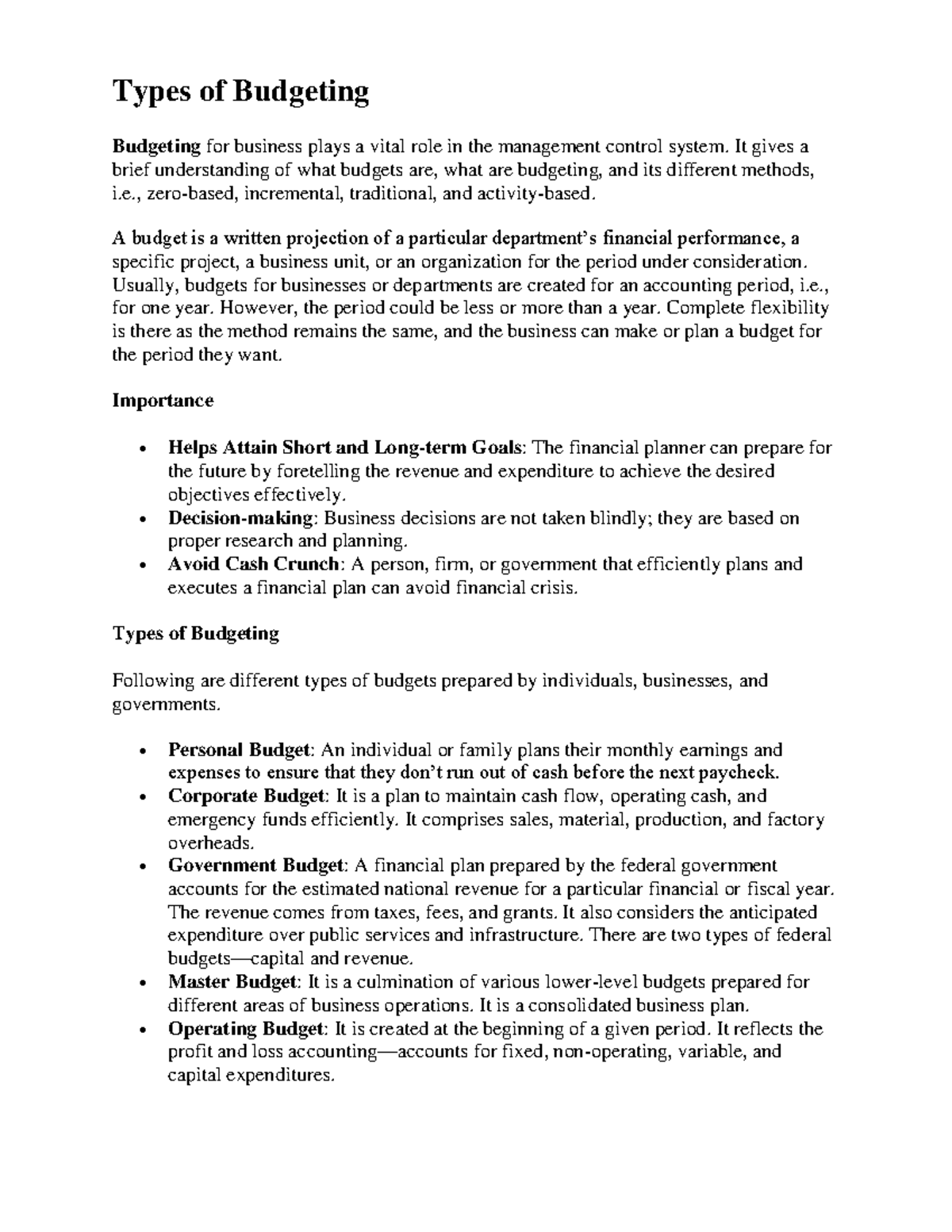 Types Of Budget Types Of Budgeting Budgeting For Business Plays A