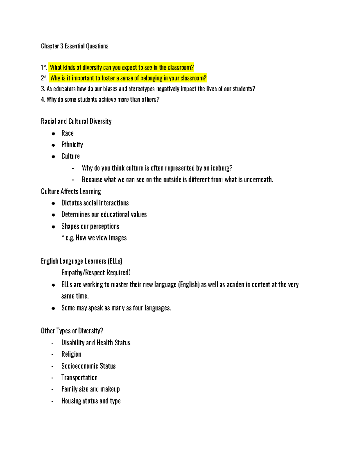 Chapter 3 Diversity in classrooms - Chapter 3 Essential Questions 1 ...