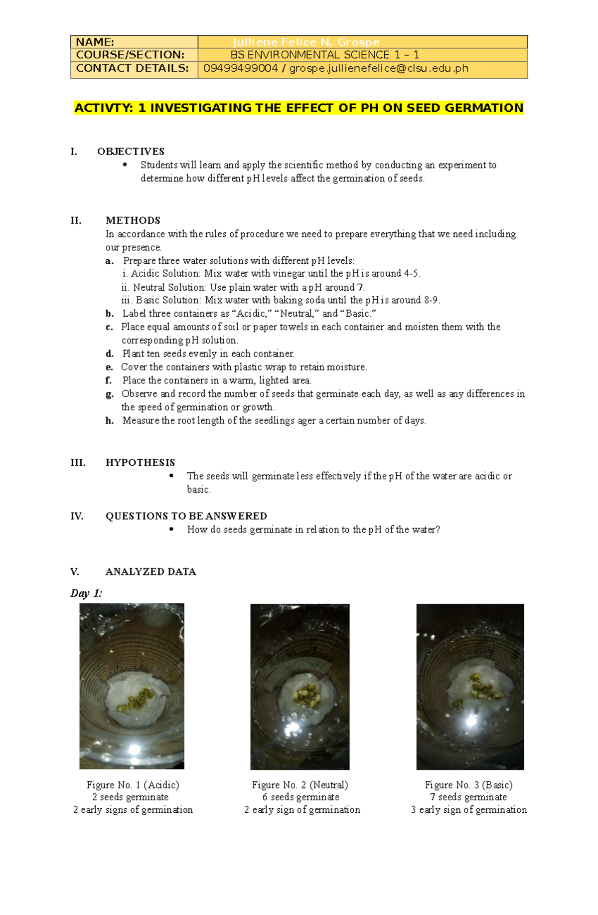 Activity 1 IN BIO LAB - for you to know the results of germinating mung ...