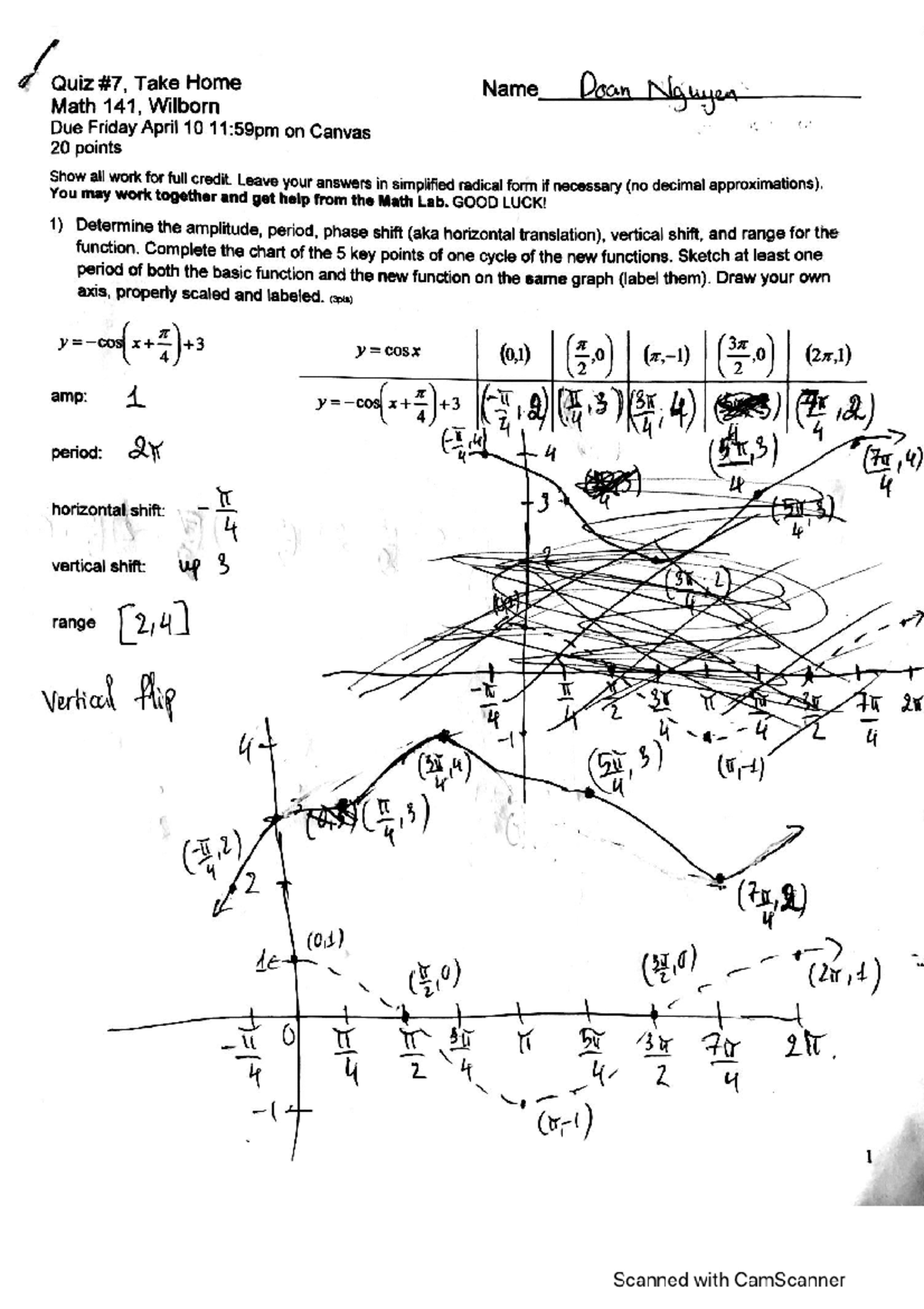 Quizzes Solution - J ove Take Home Name on Nig Math 141, Wilborn Doon ...