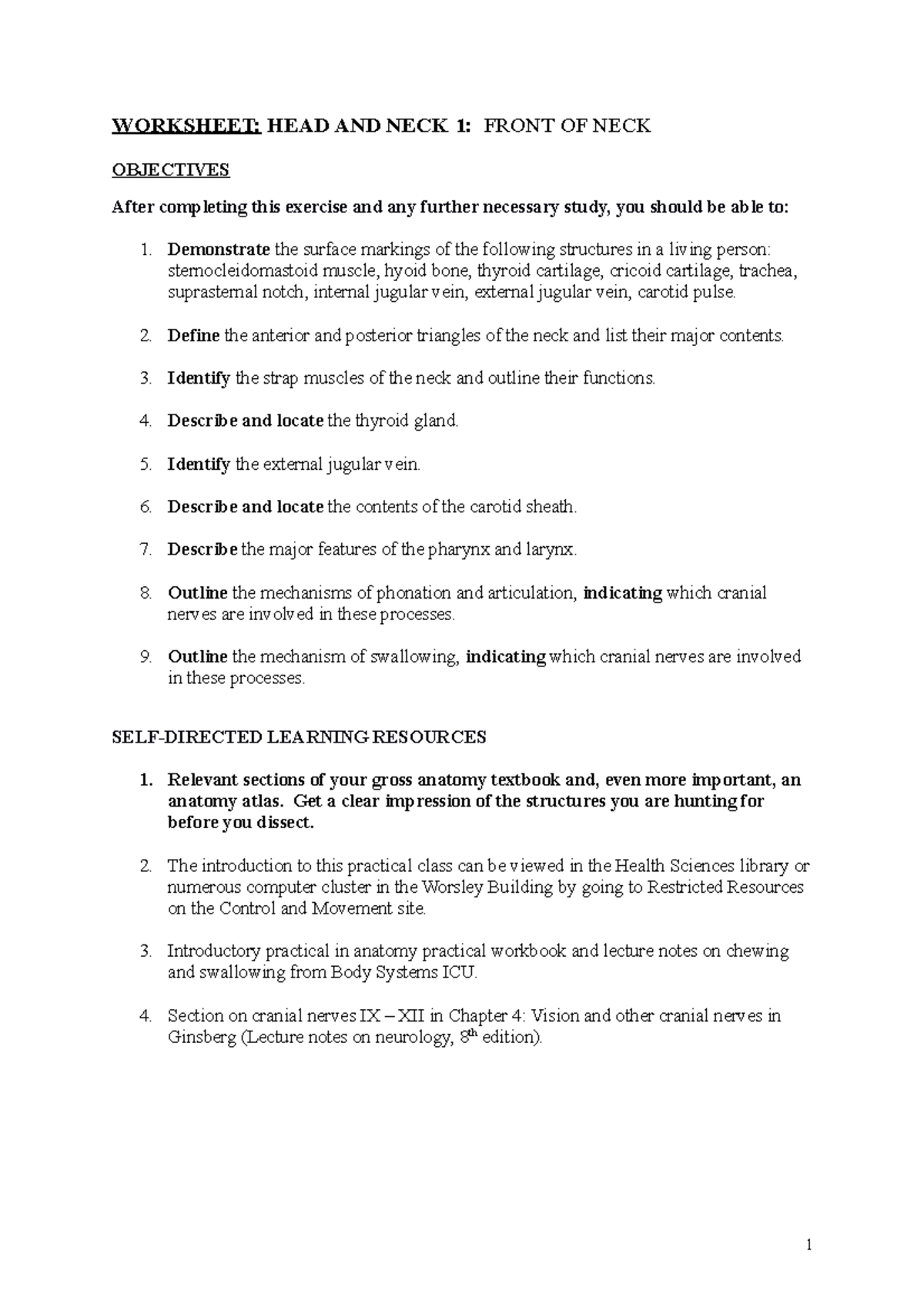Worksheet -head and neck - WORKSHEET: HEAD AND NECK 1: FRONT OF NECK ...