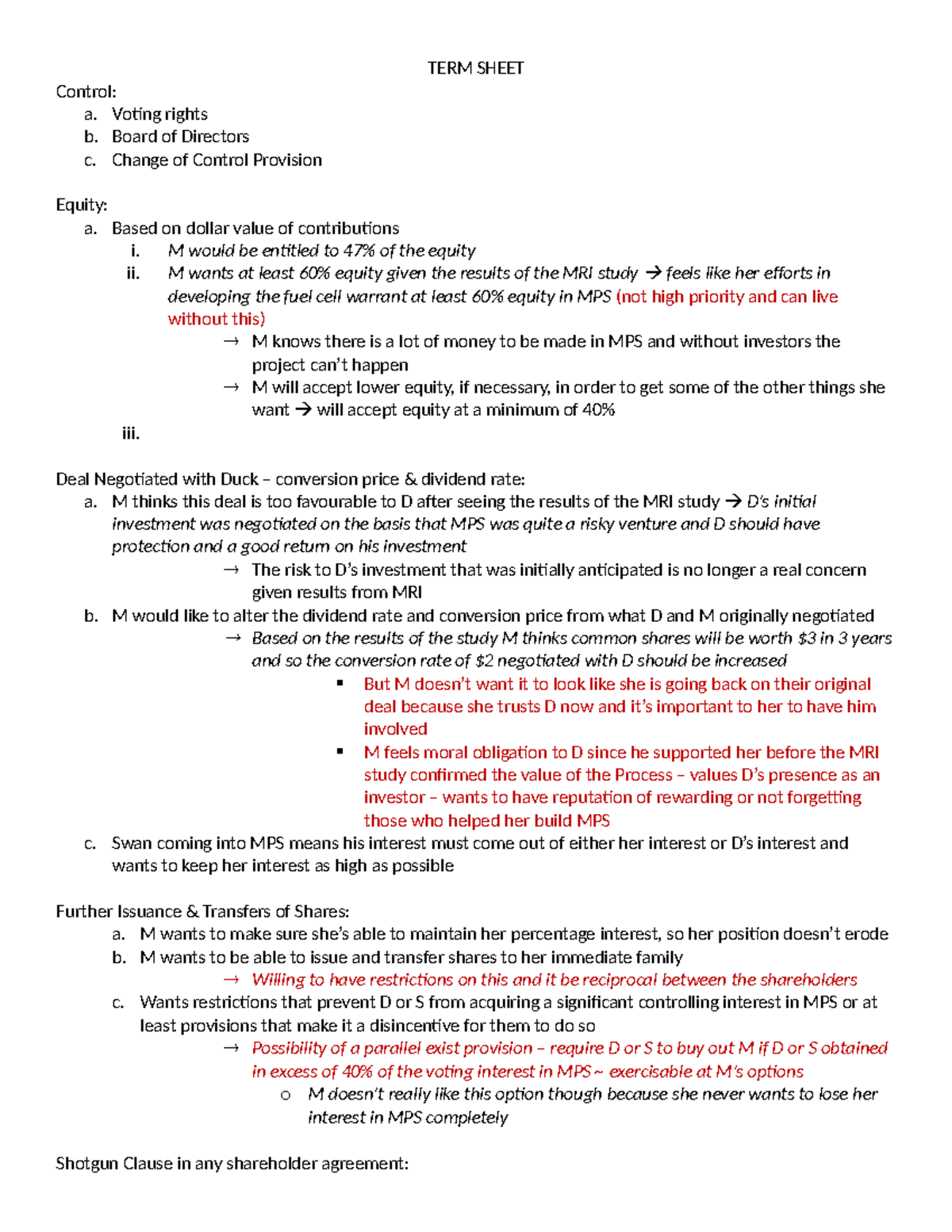 TERM Sheet - TERM SHEET Control: a. Voting rights b. Board of Directors ...