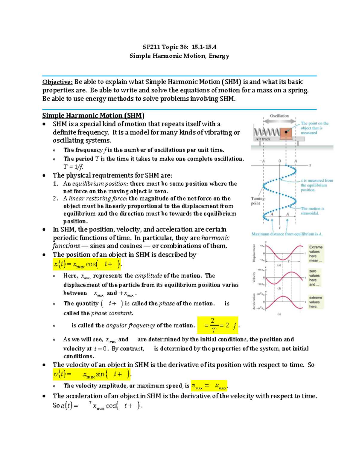 Topic 36;Simple Harmonic Motion, Energy - SP211 Topic 36: 15-15. Simple ...