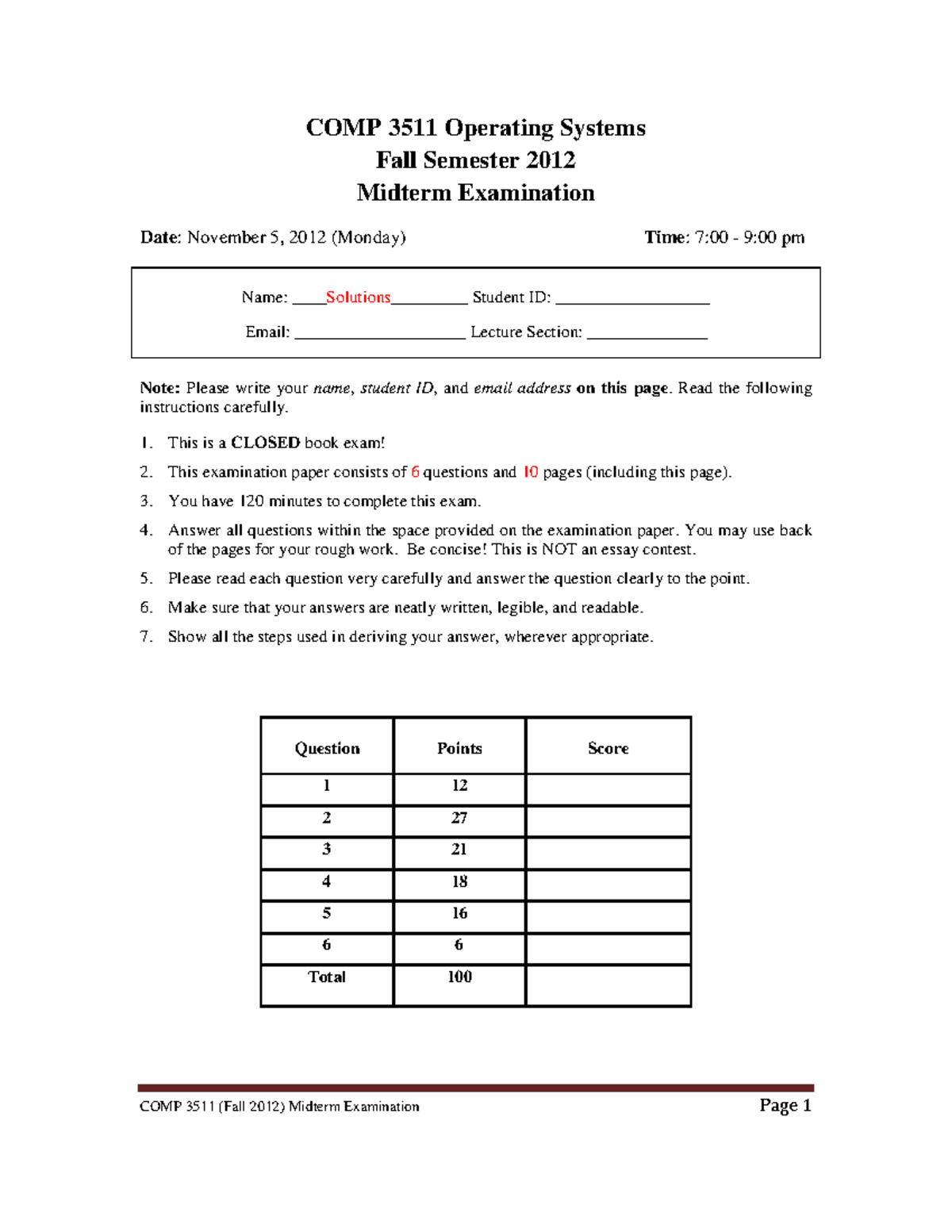 (COMP3511)[2012 ](f)midterm =cfemueo^ 71317 - COMP 3511 Operating Systems Fall Semester 2012 ...