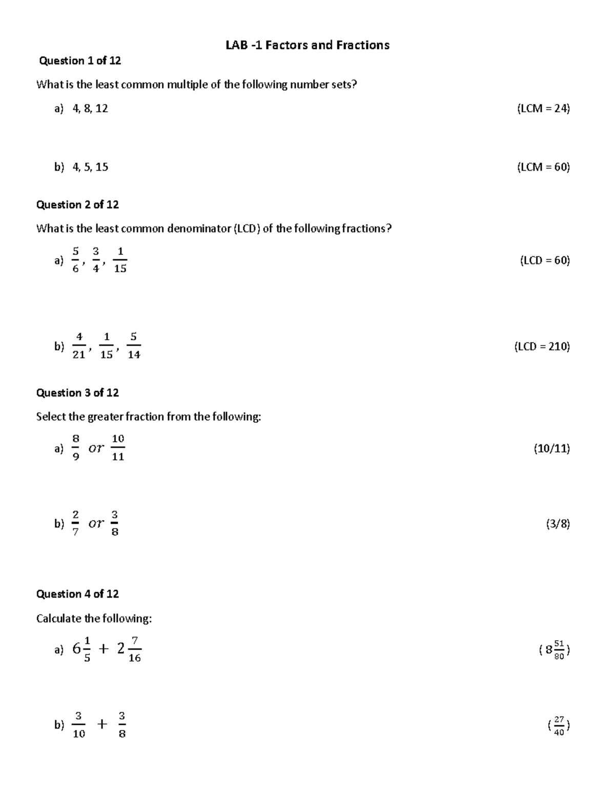 LAB 1 - Factors and Fractions - LAB -1 Factors and Fractions Question 1 ...