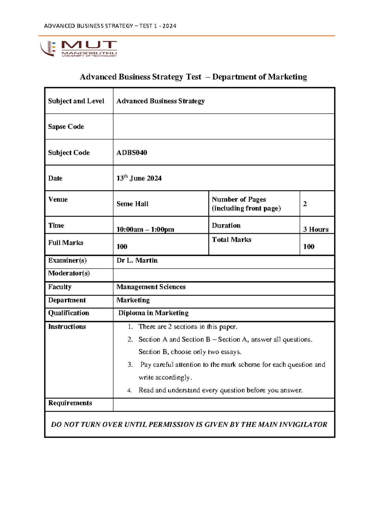 Advanced Business Strategy Test - Martin Moderator(s) Faculty ...