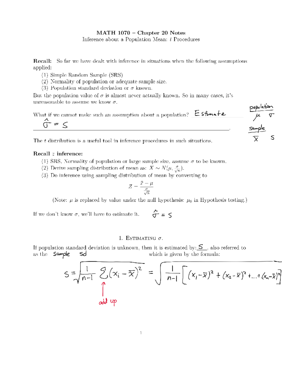 Chapter 20-Complete - stats - MATH 1070 Chapter 20 Notes Inference ...