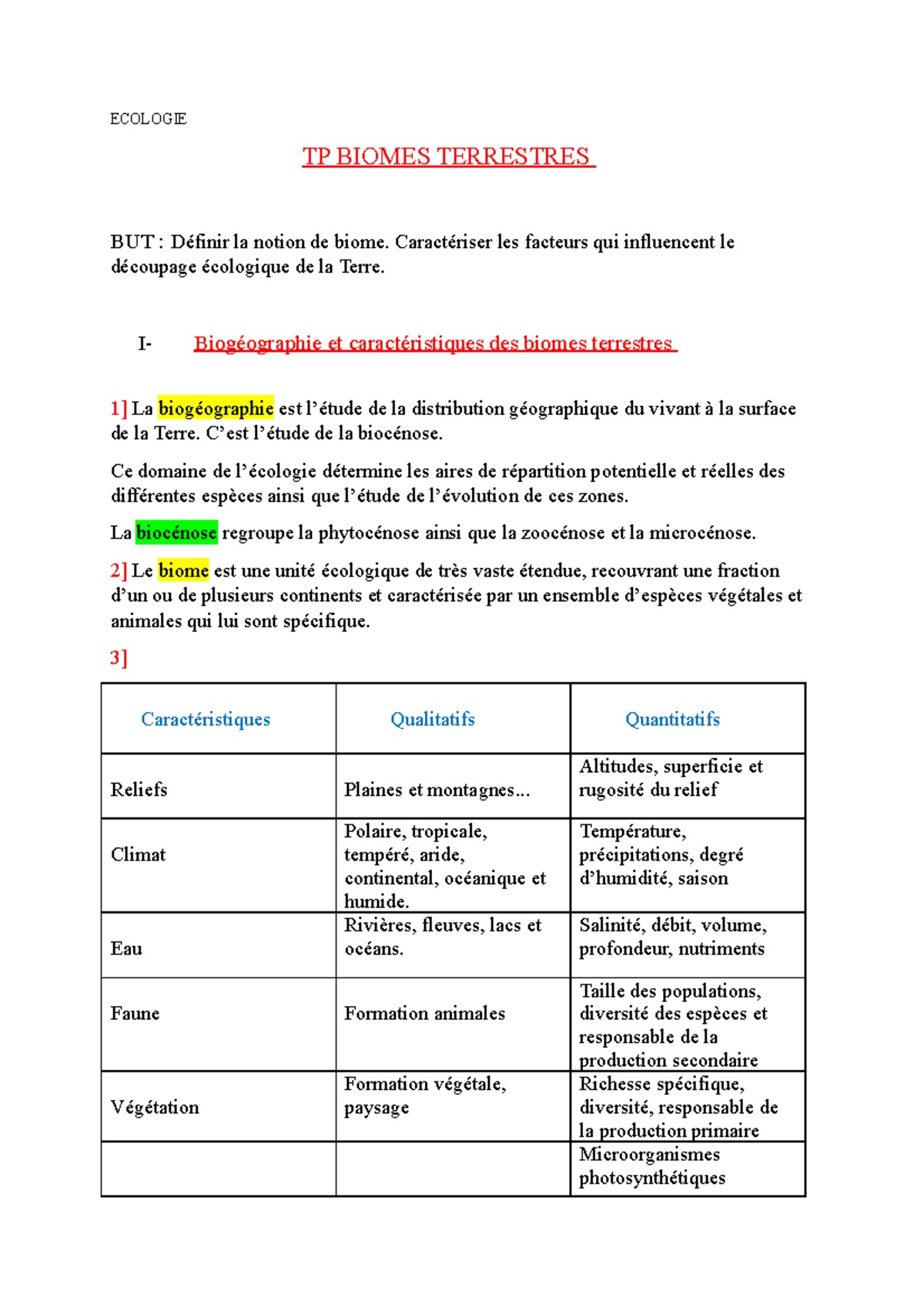 TD 1: biome terrestre - ECOLOGIE TP BIOMES TERRESTRES BUT : Définir la ...