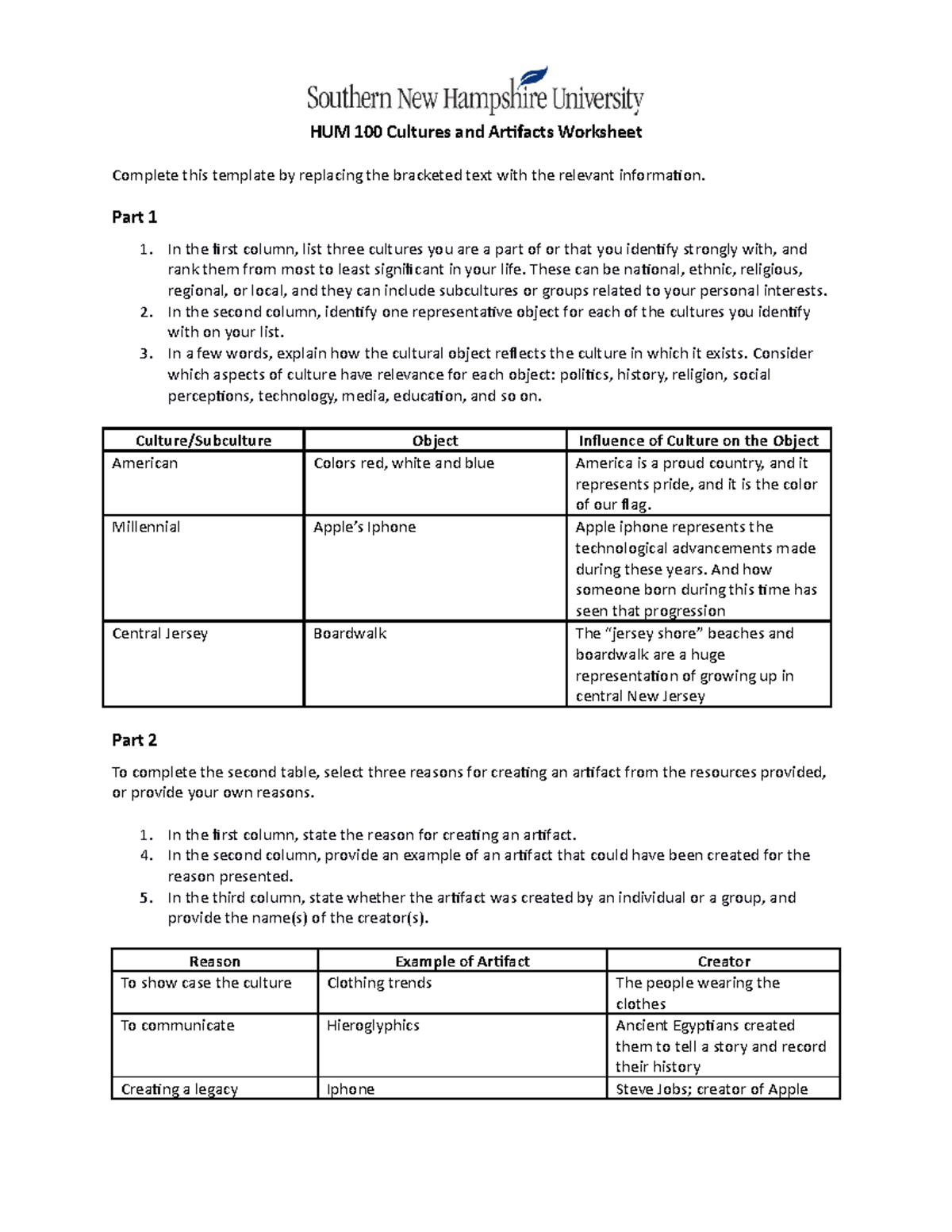 HUM+100+Cultures+and+Artifacts+Worksheet - HUM 100 Cultures and ...
