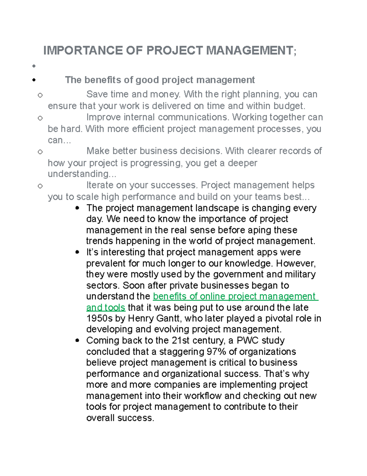 Importance OF Project Management - IMPORTANCE OF PROJECT MANAGEMENT ...