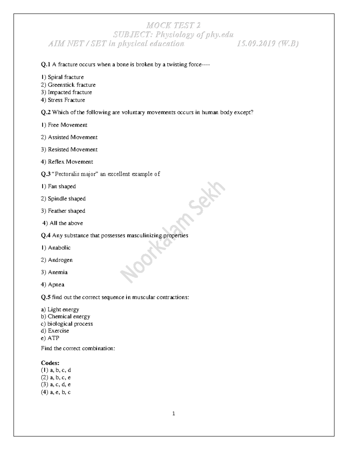 MOCK TEST 4 - Exercise purpose only - SUBJECT: Physiology of phy AIM ...