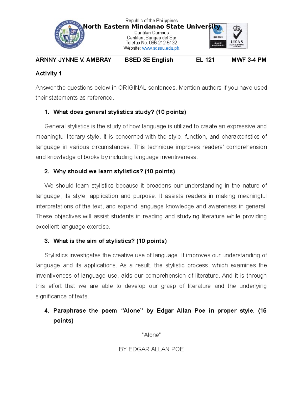 Activity 1 - essay - North Eastern Mindanao State University Republic ...