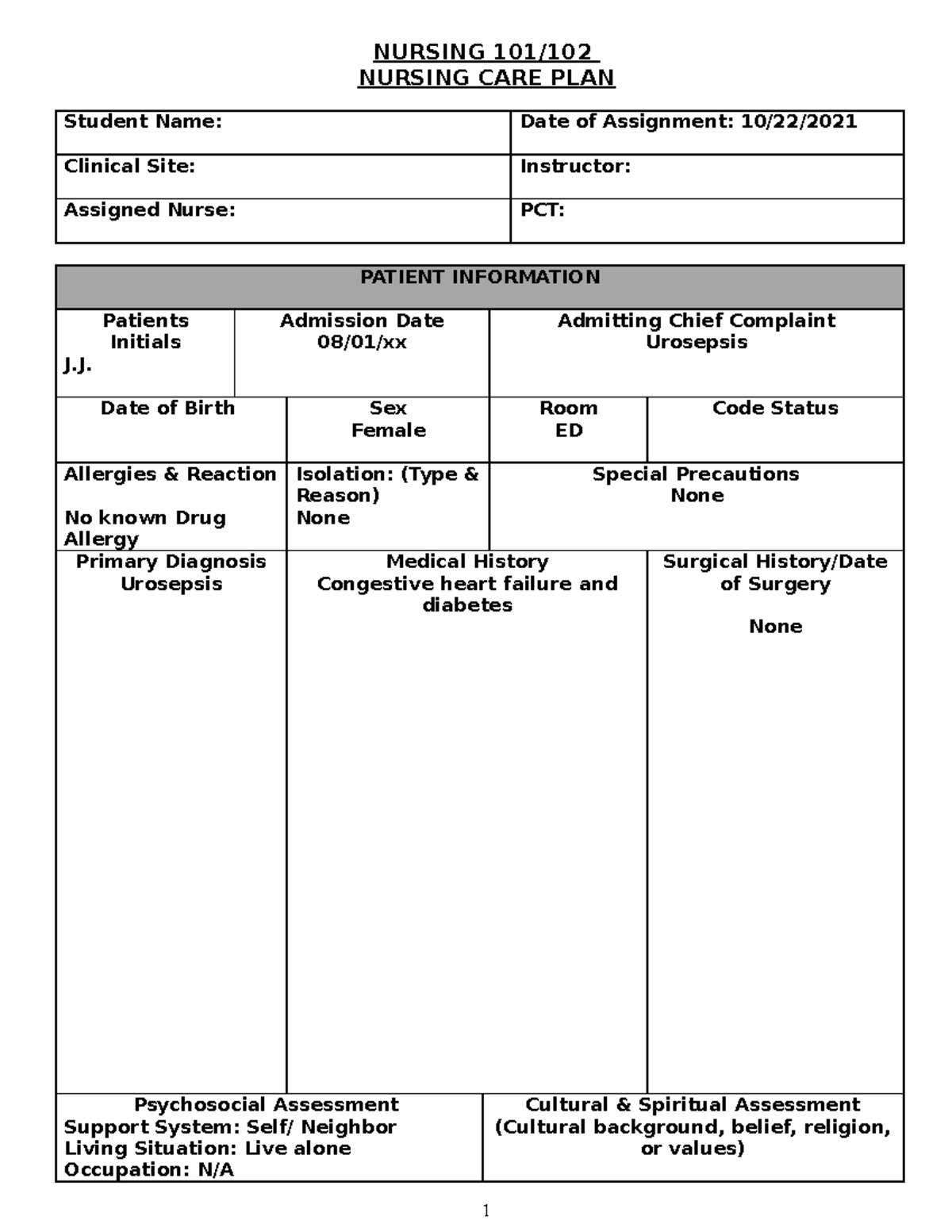 Nursing Care Plan - care plan - NURSING 101/ NURSING CARE PLAN Student ...