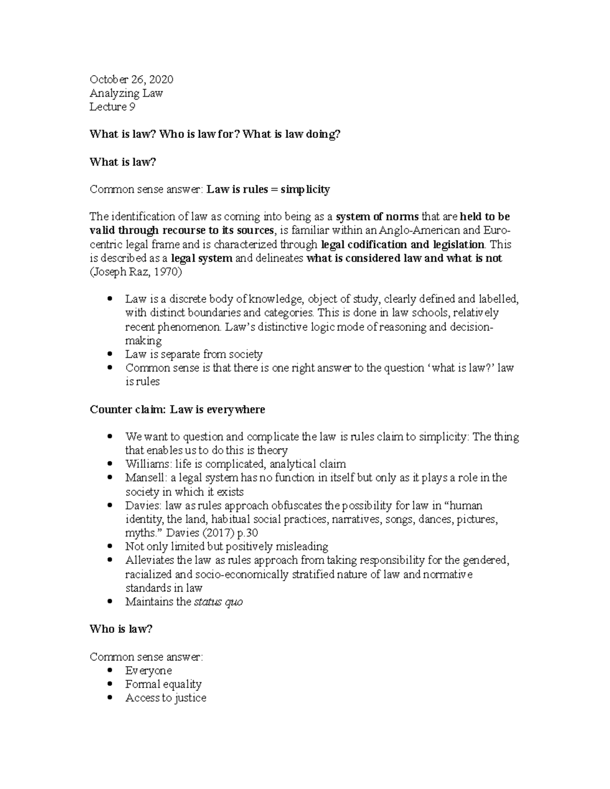 Unit 2 Notes - October 26, 2020 Analyzing Law Lecture 9 What is law ...