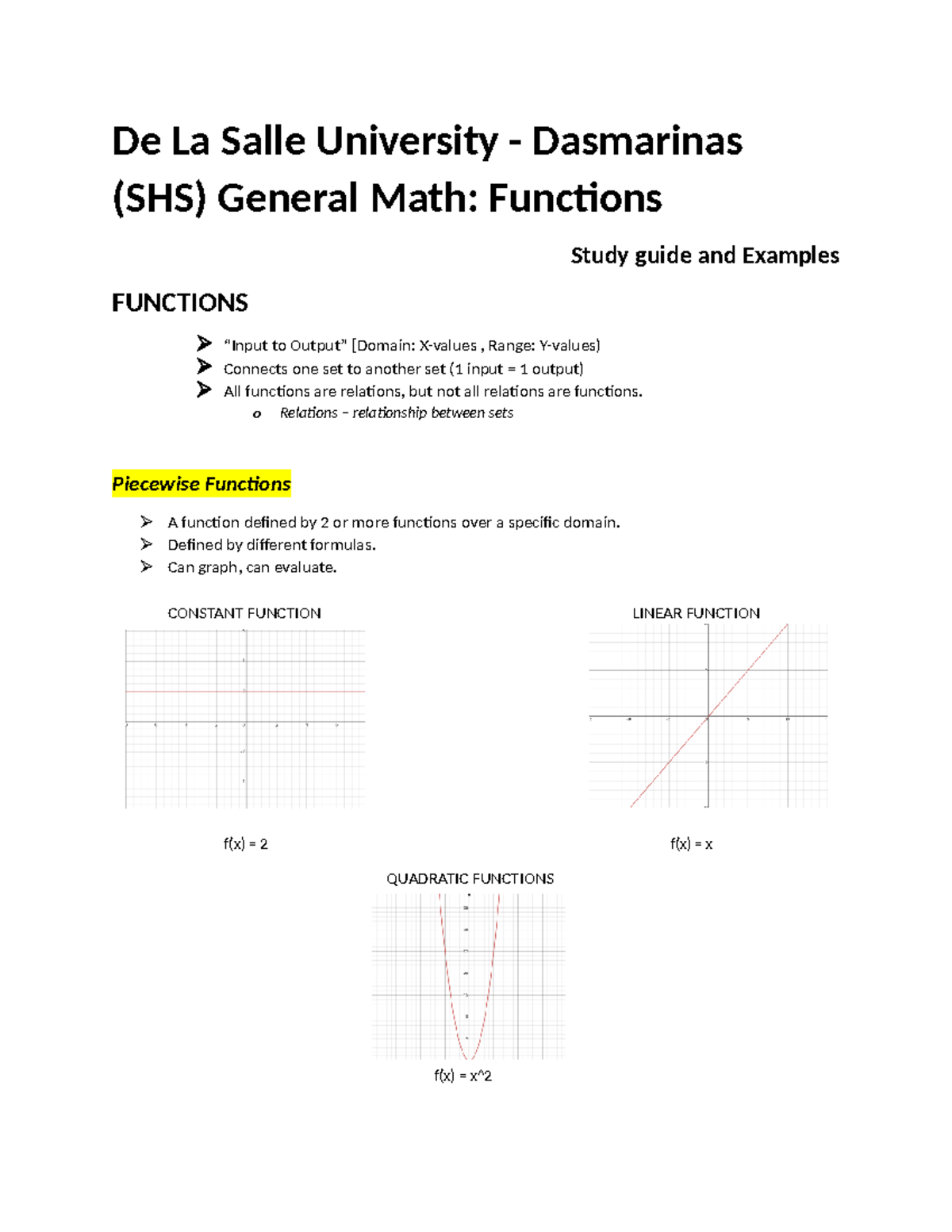 De La Salle University - Dasmarinas (SHS) General Math Functions - De La Salle University ...