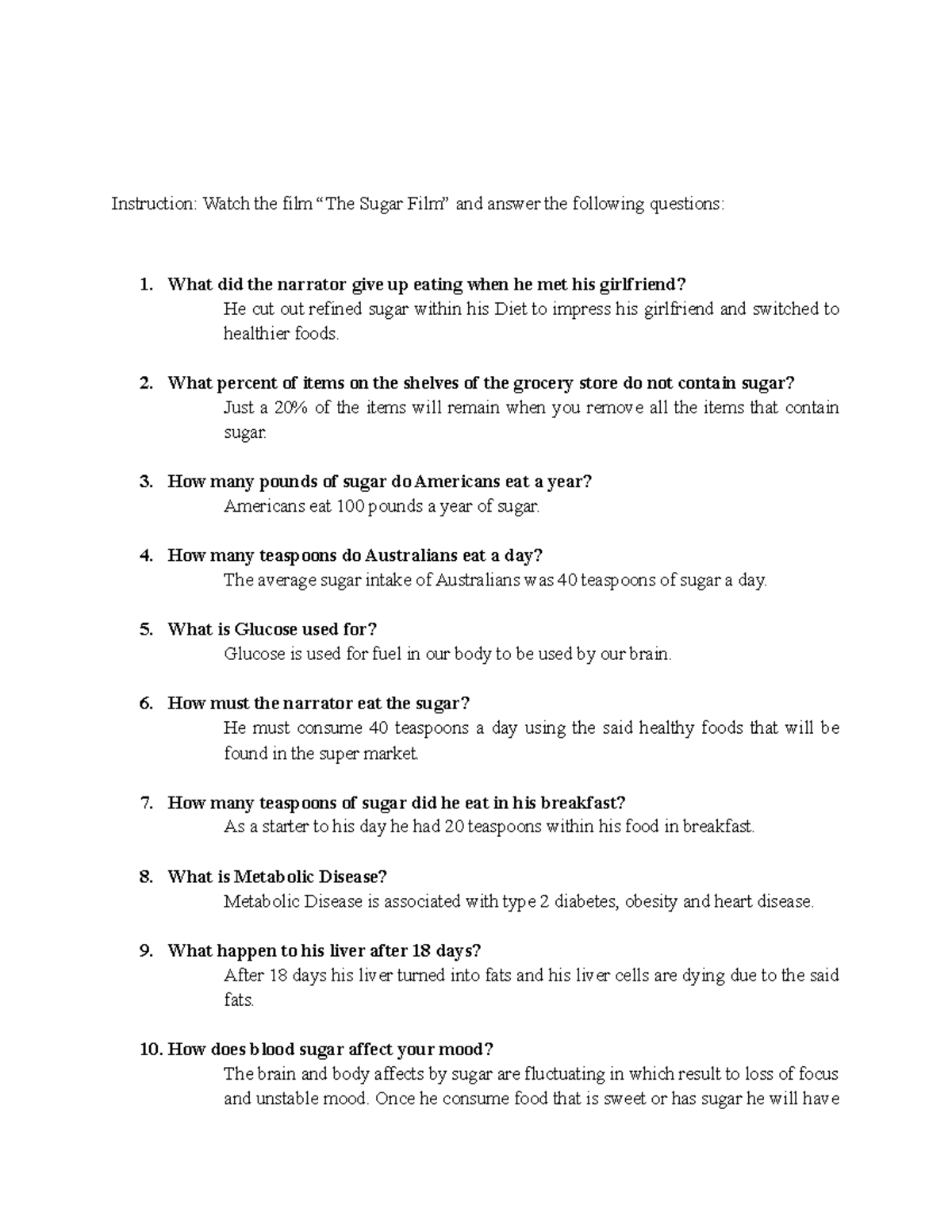 The Sugar Film(Reaction Paper) - Instruction: Watch the film “The Sugar ...