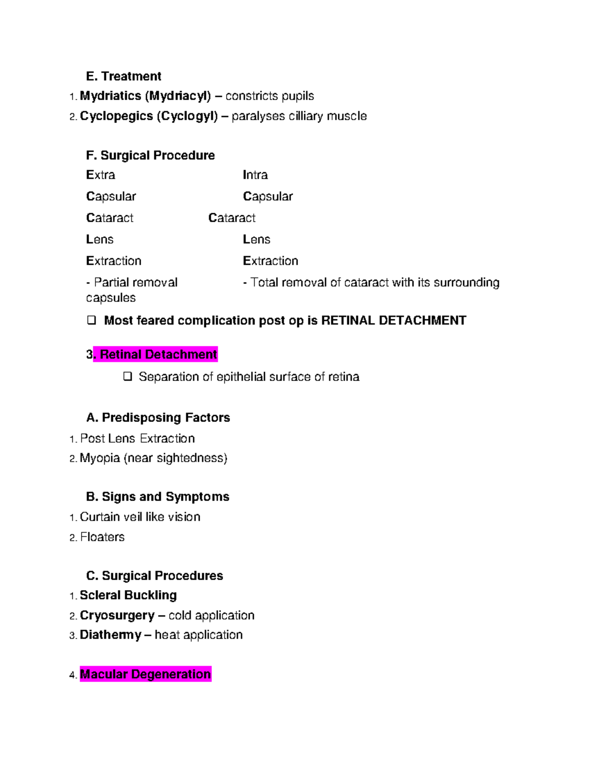Retinal Detachment - summary - E. Treatment Mydriatics (Mydriacyl ...