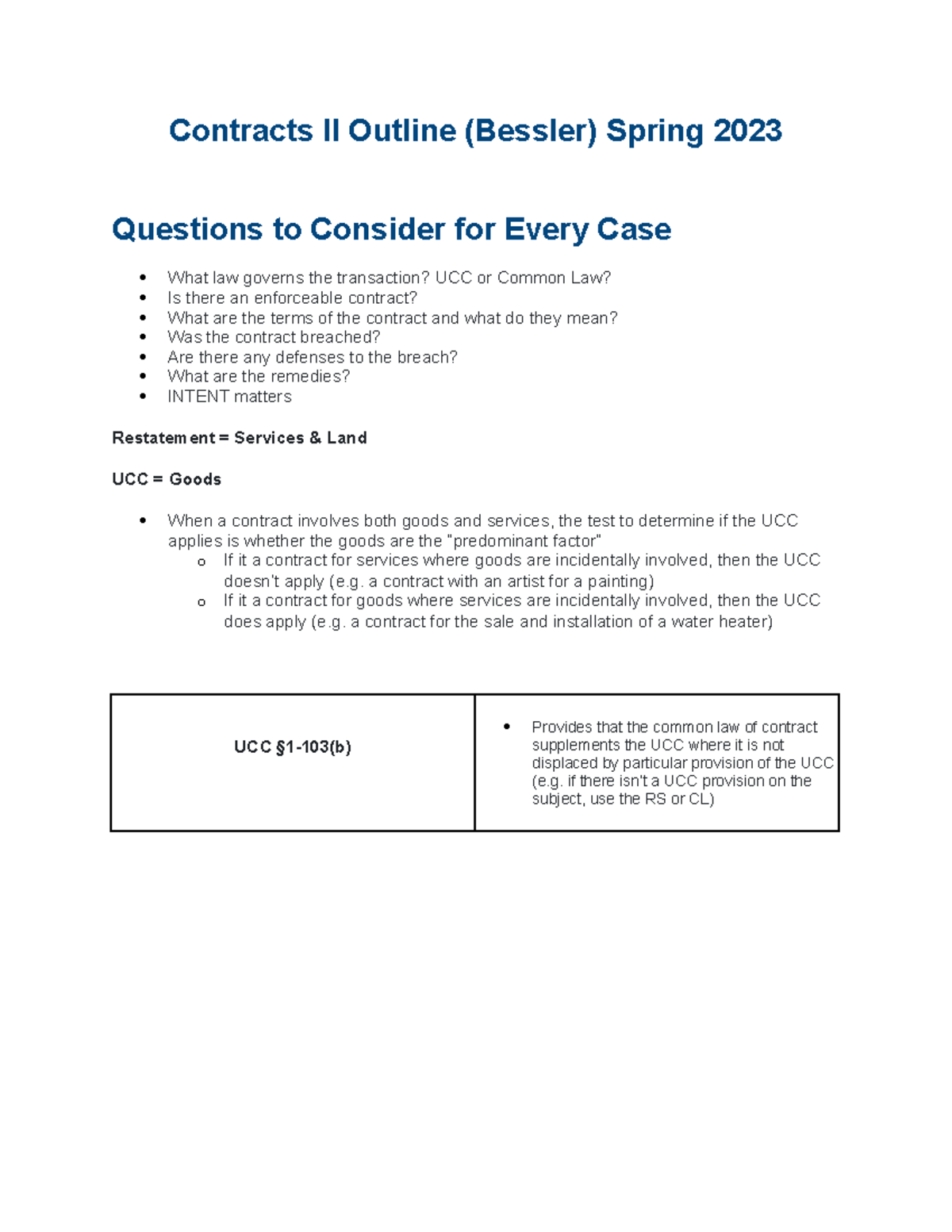 Contracts II Outline - Bessler - Contracts II Outline (Bessler) Spring ...