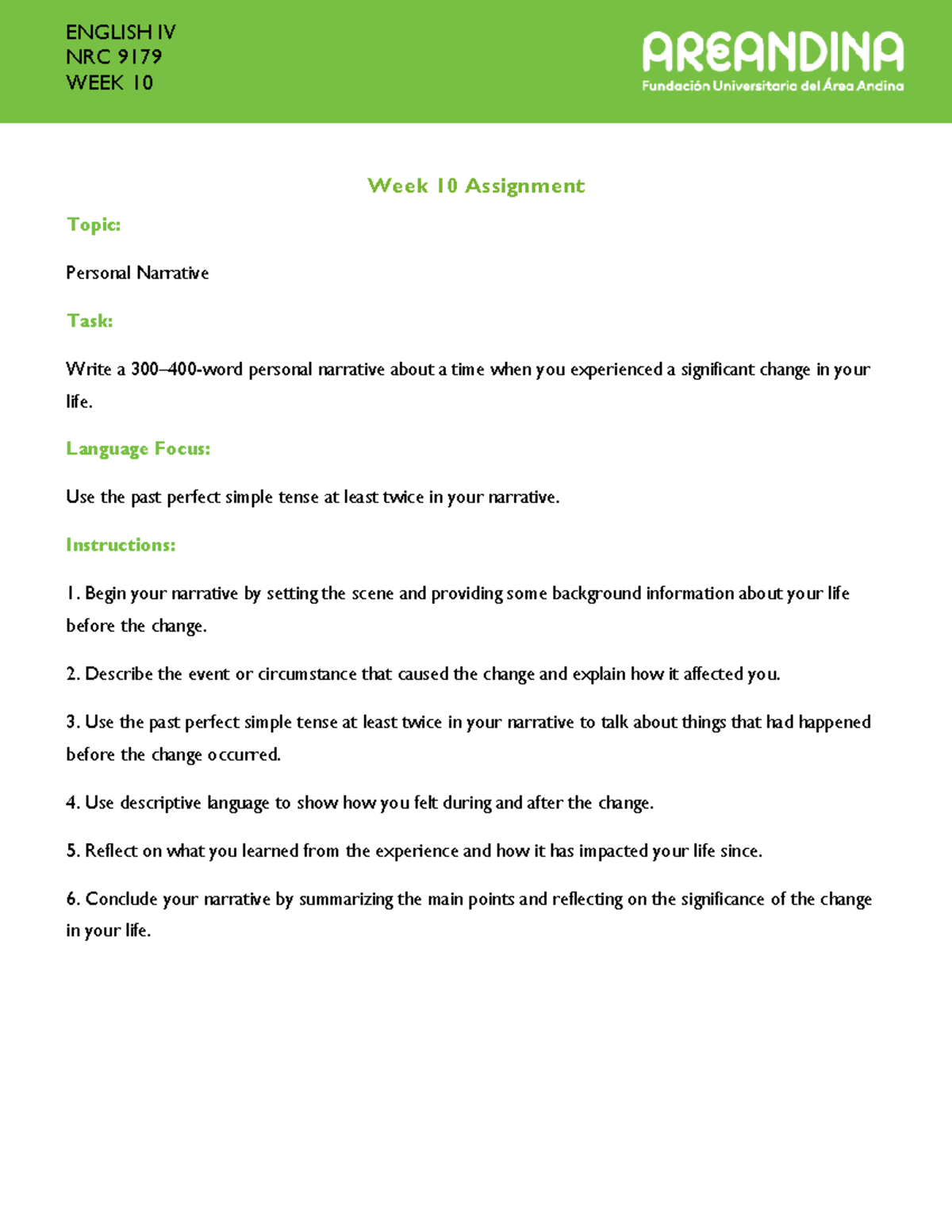 Week 10 Assignment - week 10 - ENGLISH IV NRC 9179 WEEK 10 Week 10 Assignment Topic: Personal ...