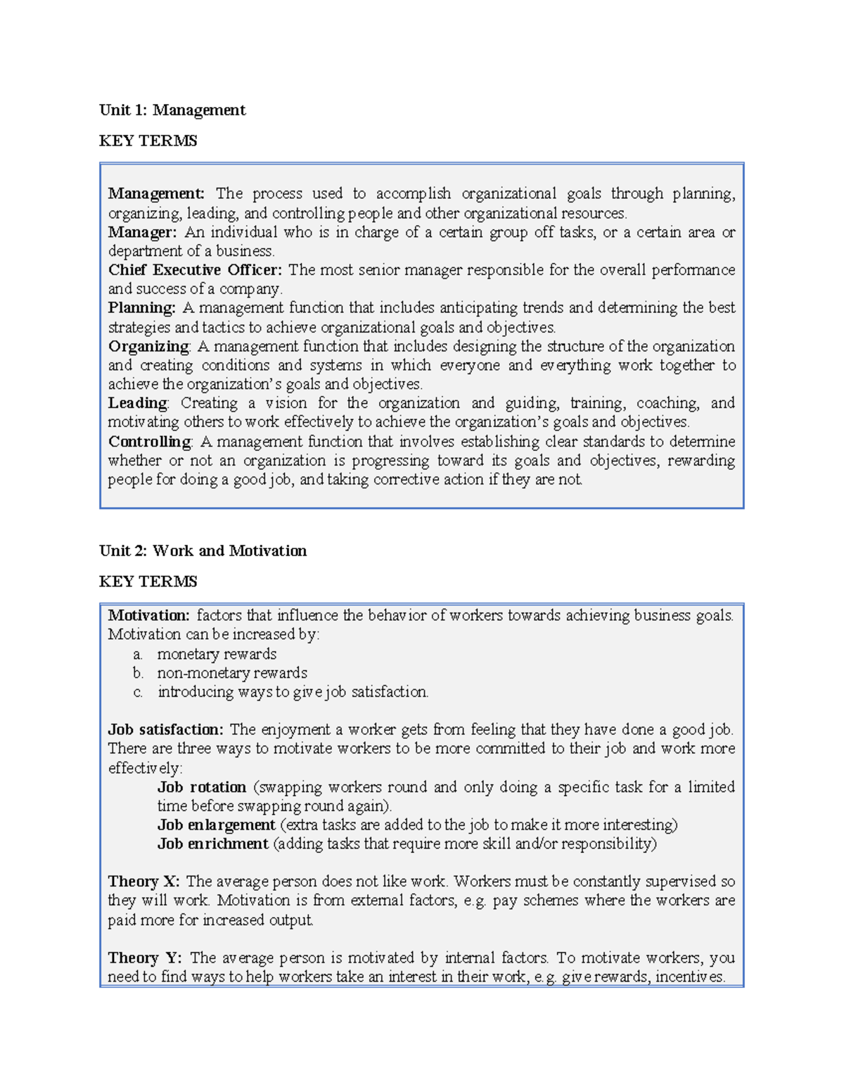 Key terms Unit 1+2+3 - English materials - Unit 1: Management KEY TERMS Management: The process ...