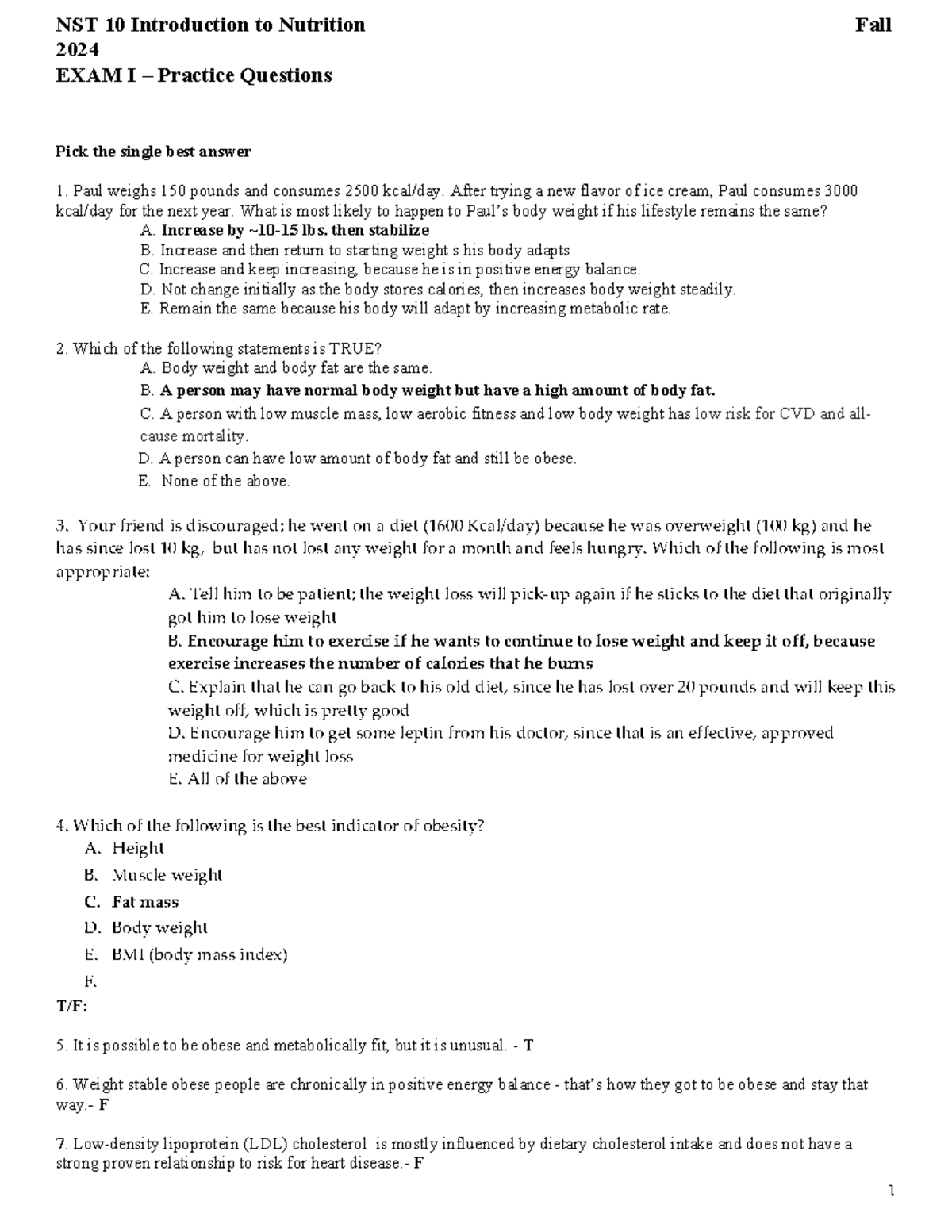 NST 10 Practice questions with answer key 0924 - NST 10 Introduction to Nutrition Fall 2024 EXAM ...