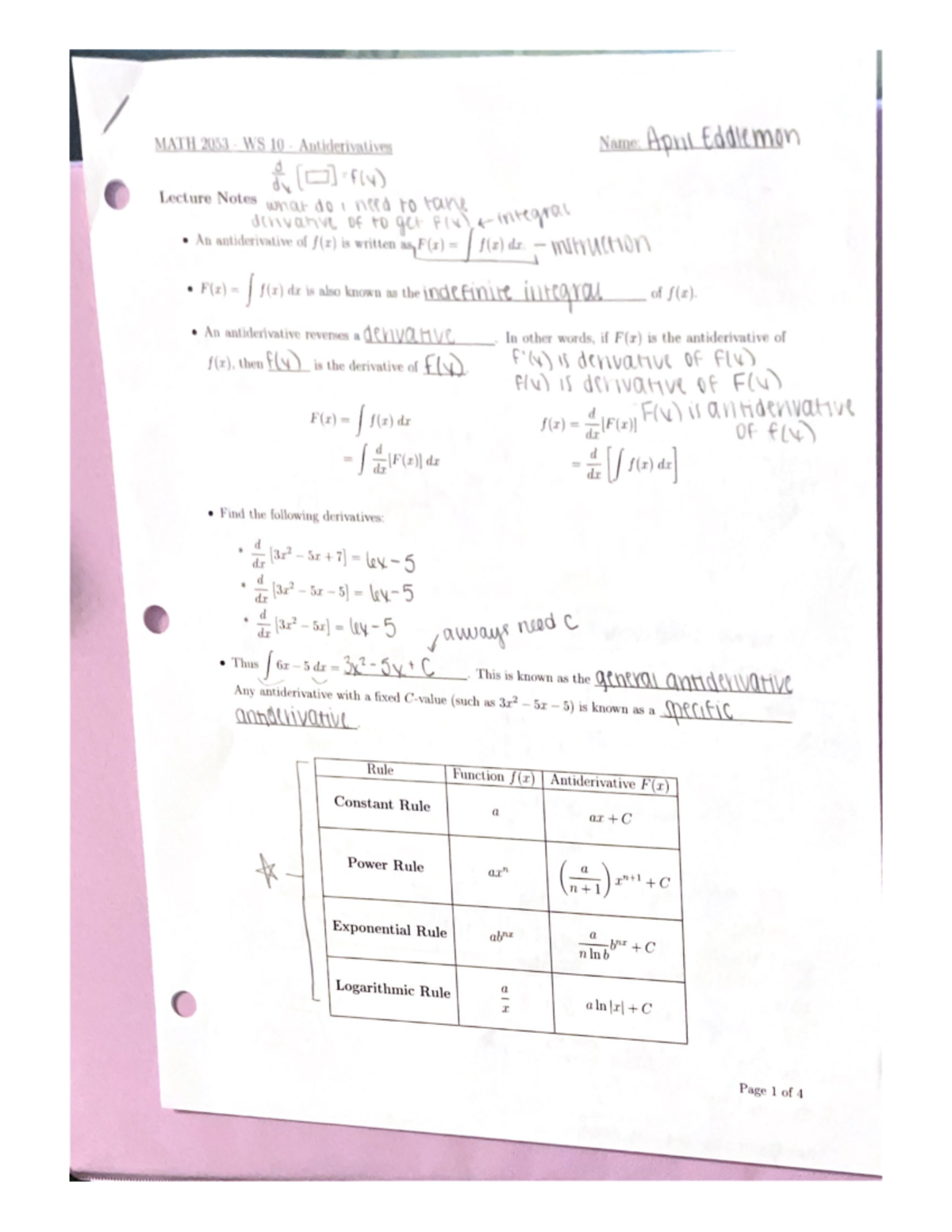 MATH 2053 - WS 10 - Antiderivatives - t integral An antiderivative of f ...