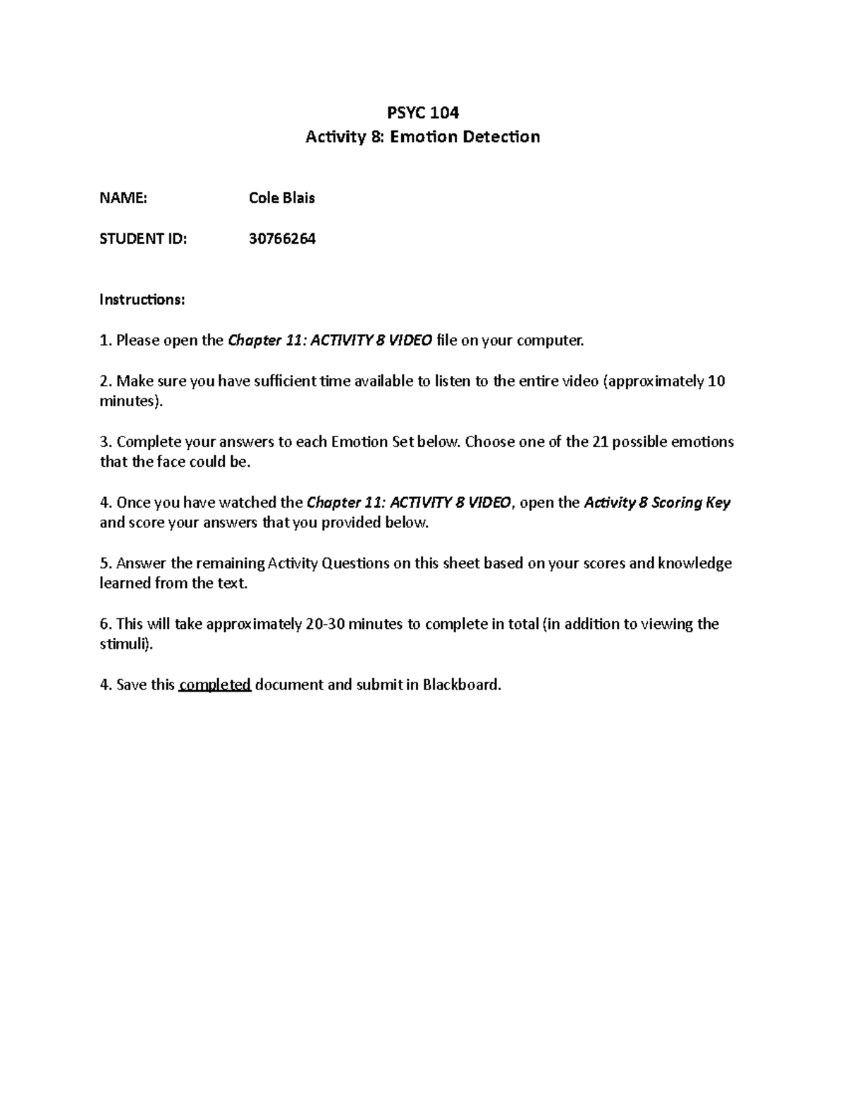 Psych 104 Activity 8 - PSYC 104 Activity 8: Emotion Detection NAME ...