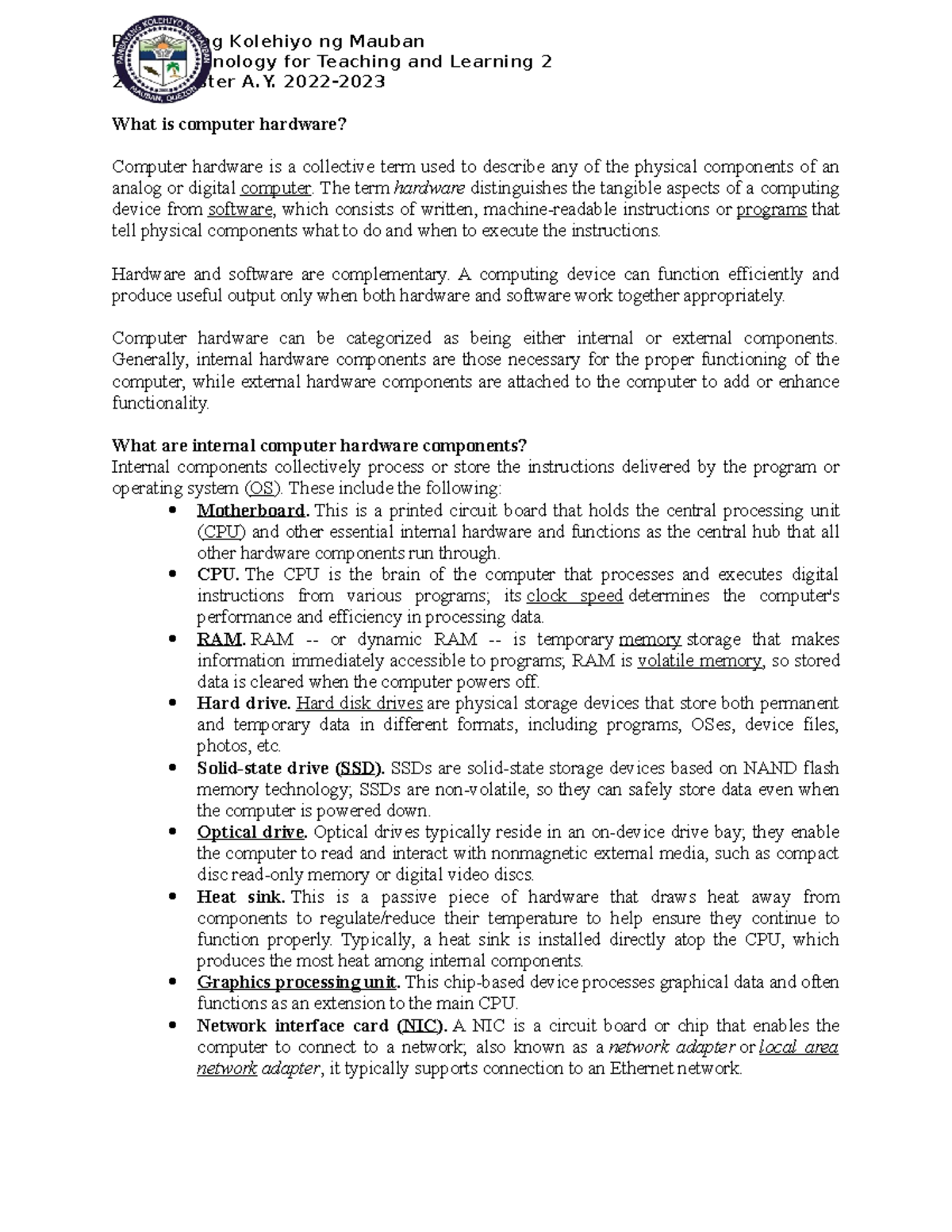 Computer-hardware - Pambayang Kolehiyo ng Mauban TTL 2-Technology for ...