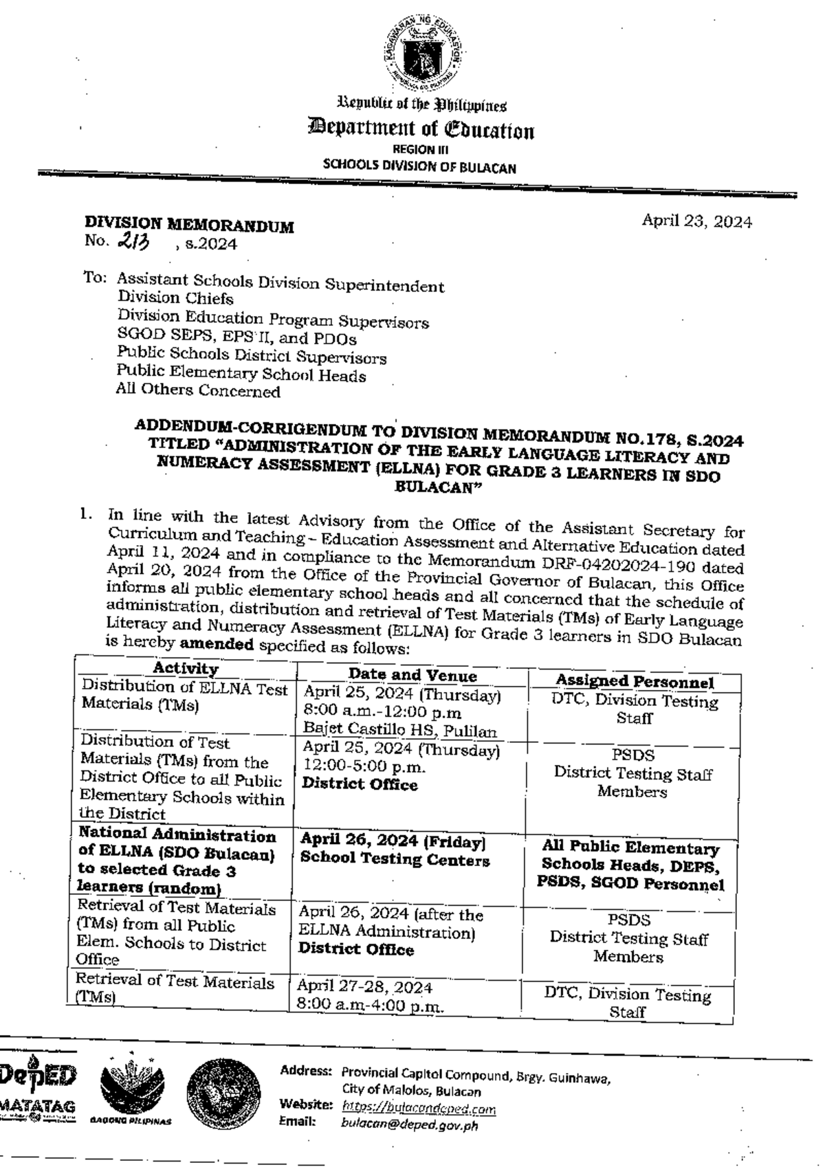 Division Memorandum NO 213 S 2024 - Edukasyon sa Pagpapakatao - Studocu