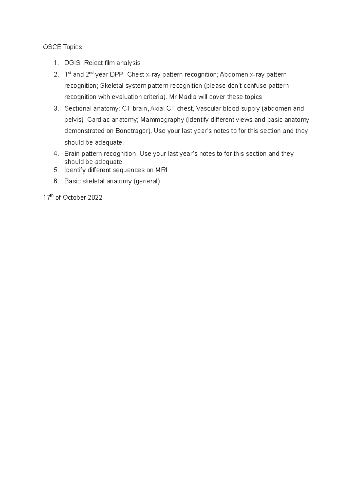 OSCE Topics - nothing - OSCE Topics DGIS: Reject film analysis 1 st and ...