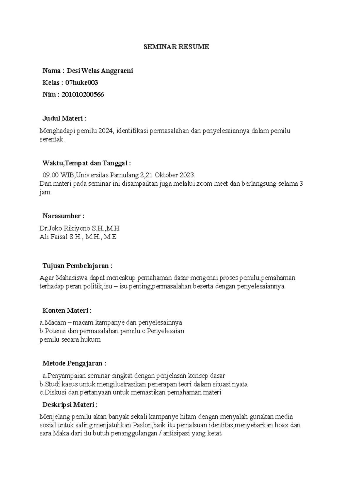Seminar Resume - ok dfhhdgrtg - SEMINAR RESUME Nama : Desi Welas ...