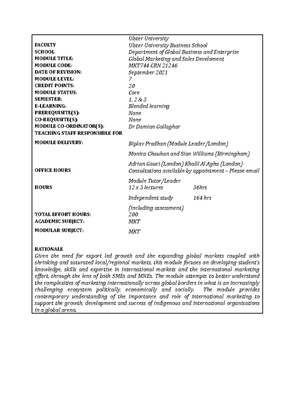 Global Marketing and Sales Development Module Handbook - Ulster ...