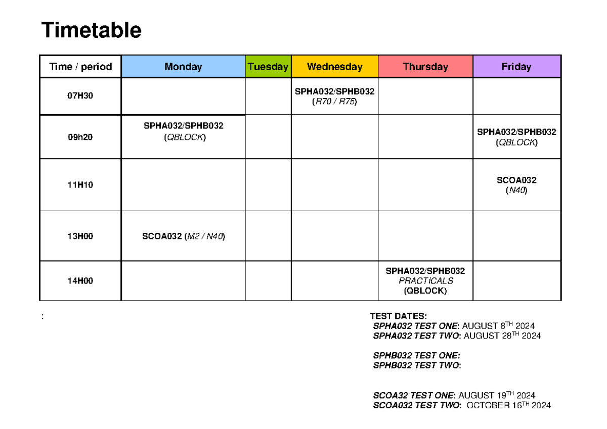 SCOA031 CLASS TIME TABLE - 2024 & SPHA032 TIMETABLE - Timetable Time ...