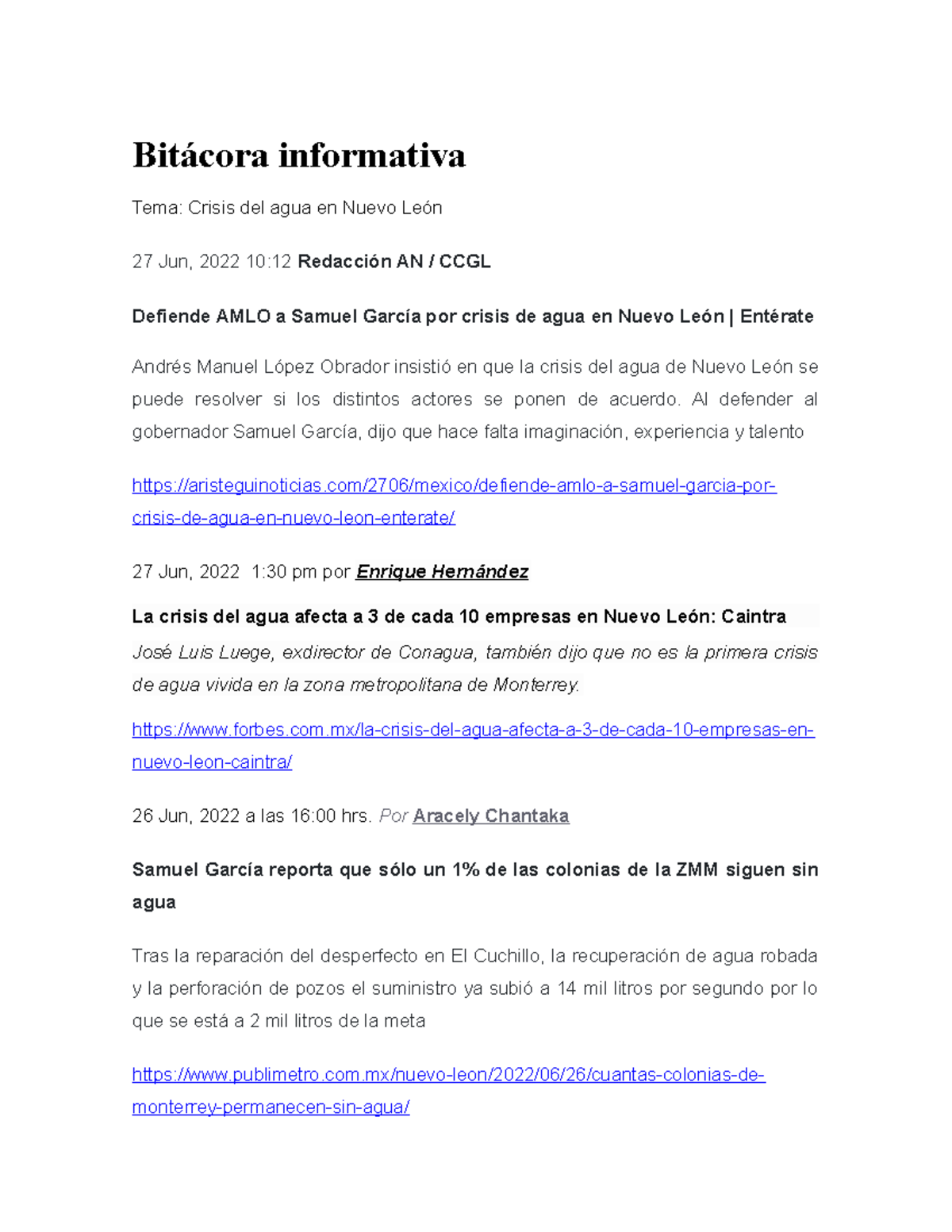 Bitácora informativa - bitacora infromativa - Bitácora informativa Tema: Crisis del agua en ...