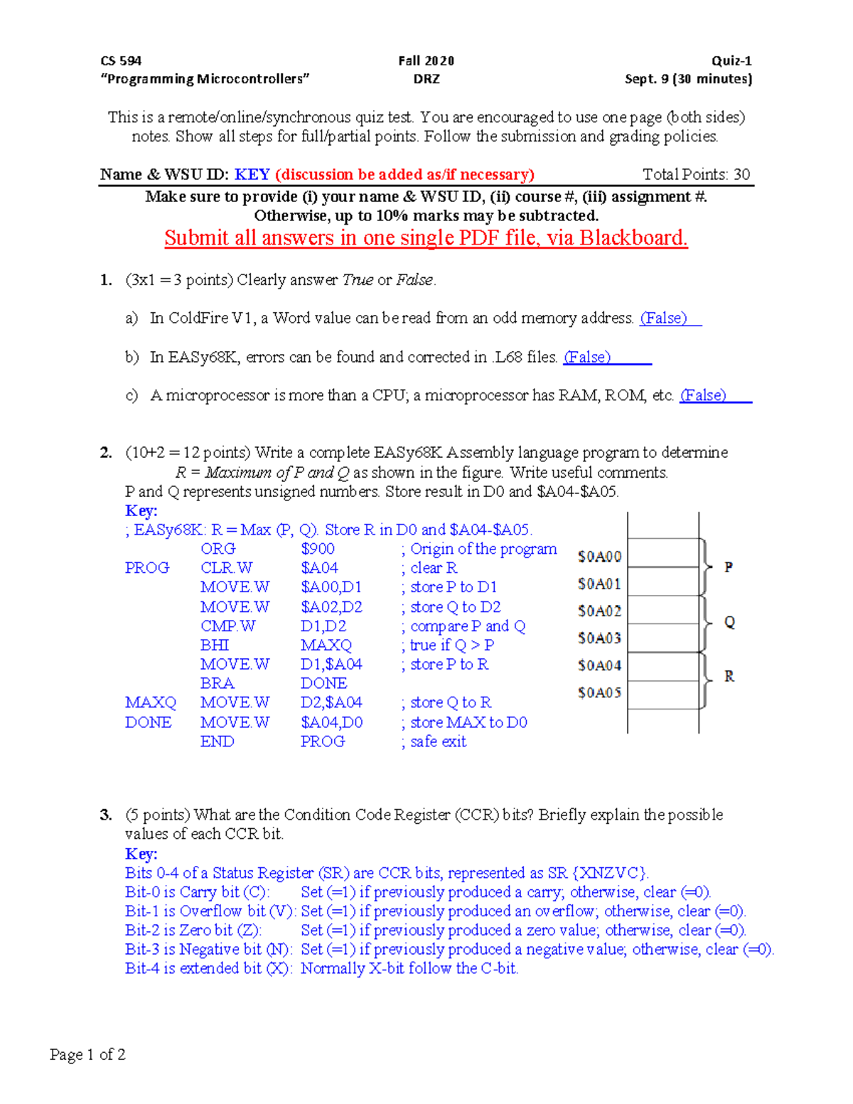 Quiz1 practice problems - CS 5 94 Fall 2020 Quiz- “Programming ...