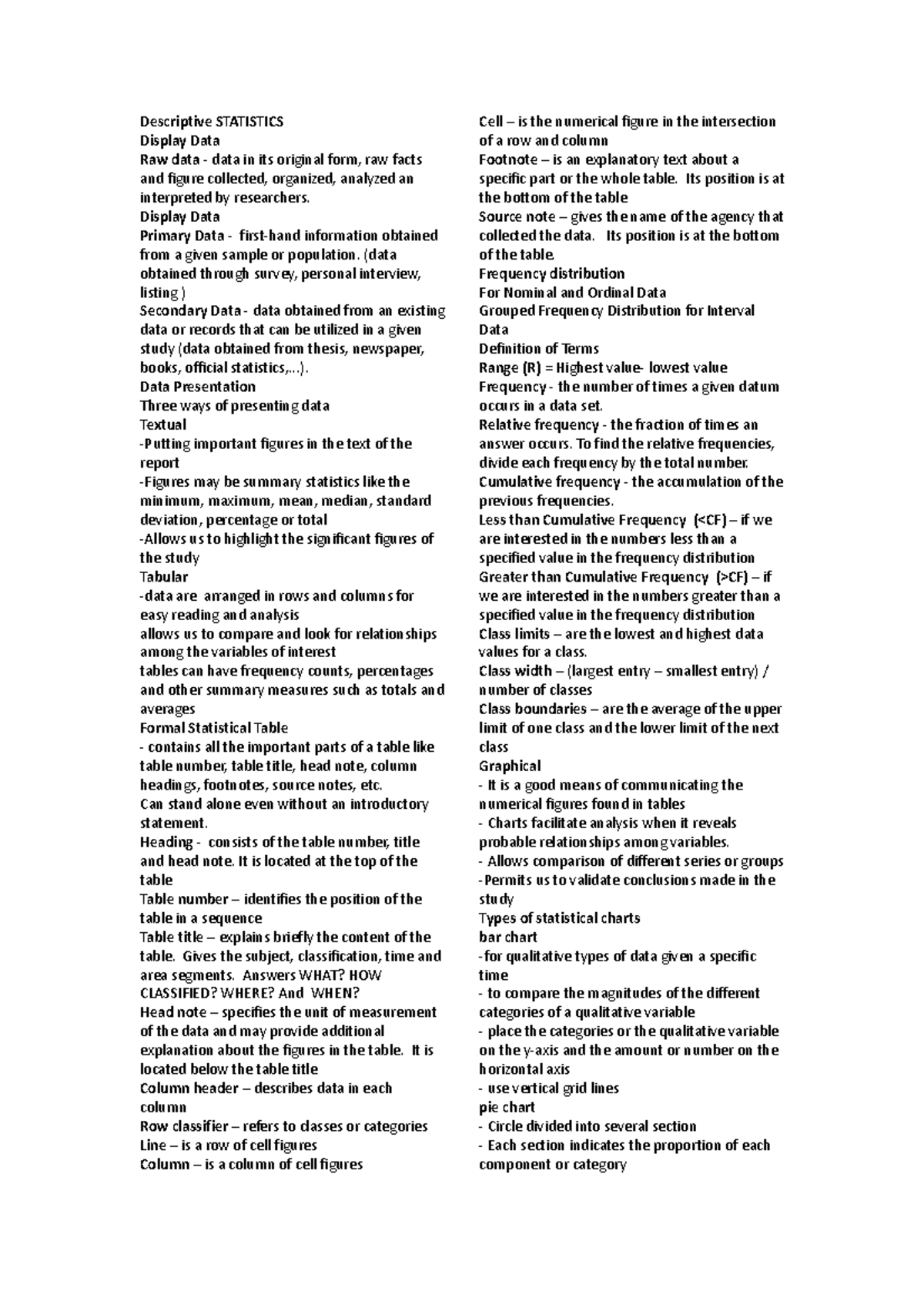 Descriptive Statistics - Descriptive STATISTICS Display Data Raw data ...